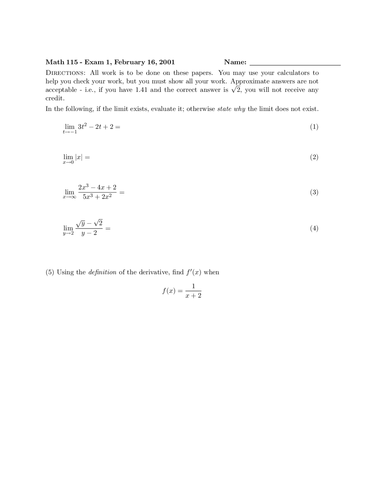 8 Problems On Basic Calculus I Examination 1 Math 115 Docsity