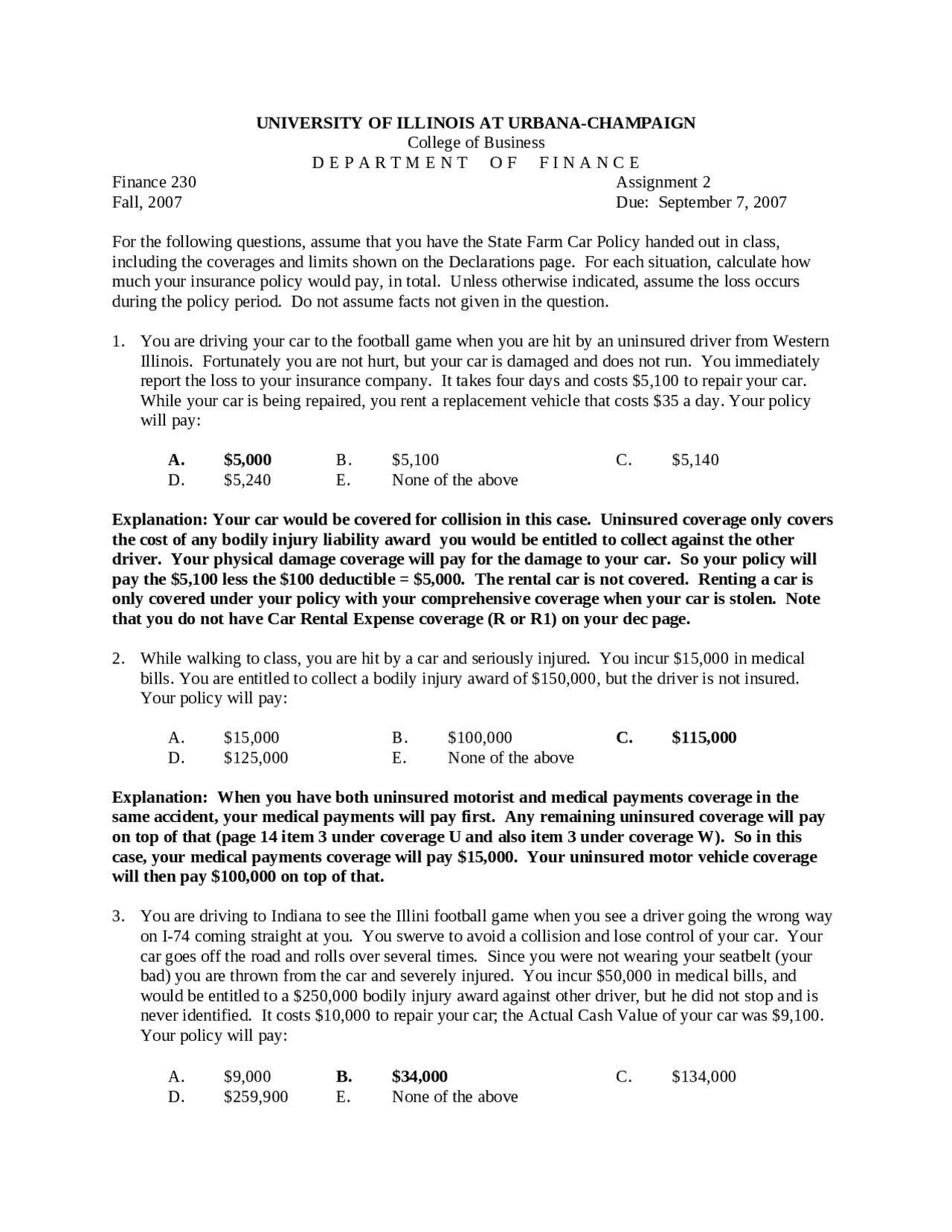 9 Questions For Assignment 2 Introduction To Insurance Fin 230