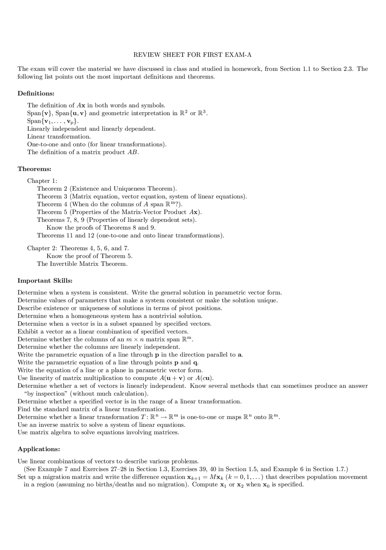 Review Sheet For Exam Introductory Matrix Theory Math 225 Docsity