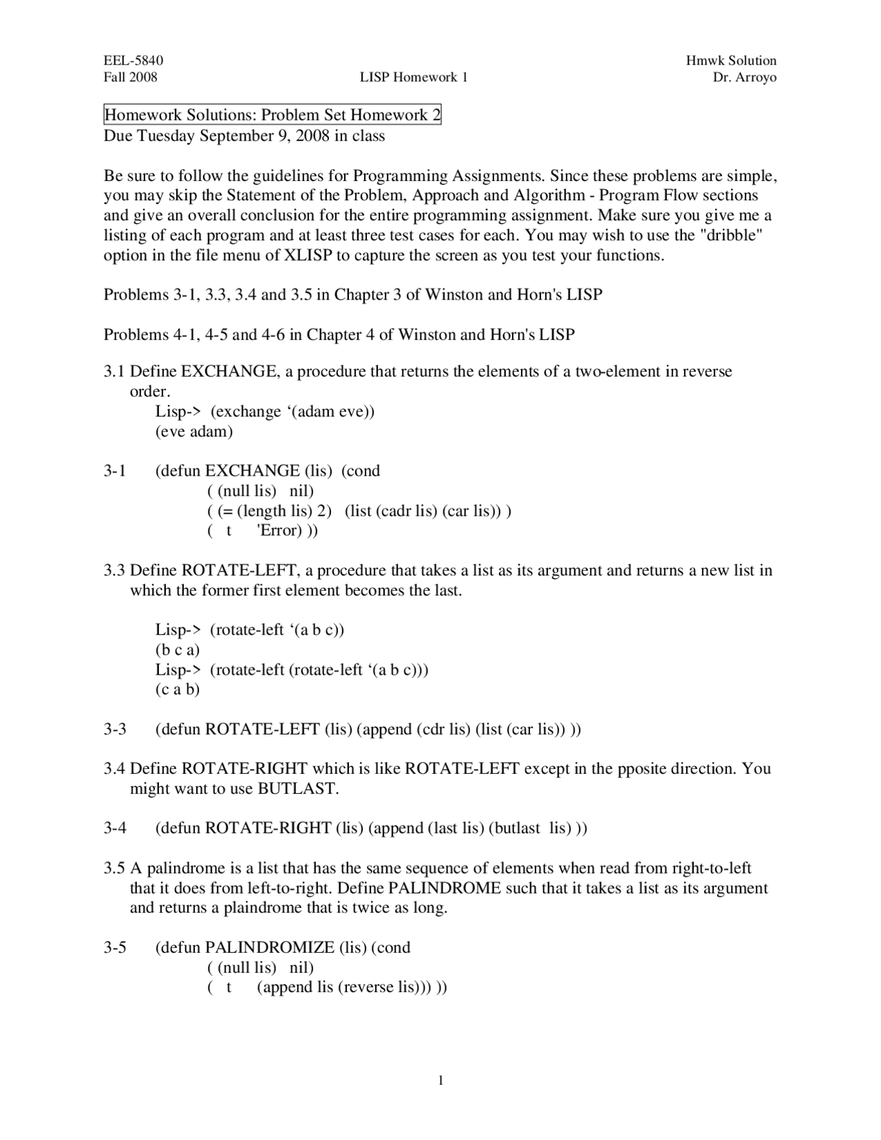 Solutions Of Lisp Homework 2 Elements Machine Intelligence Eel 5840