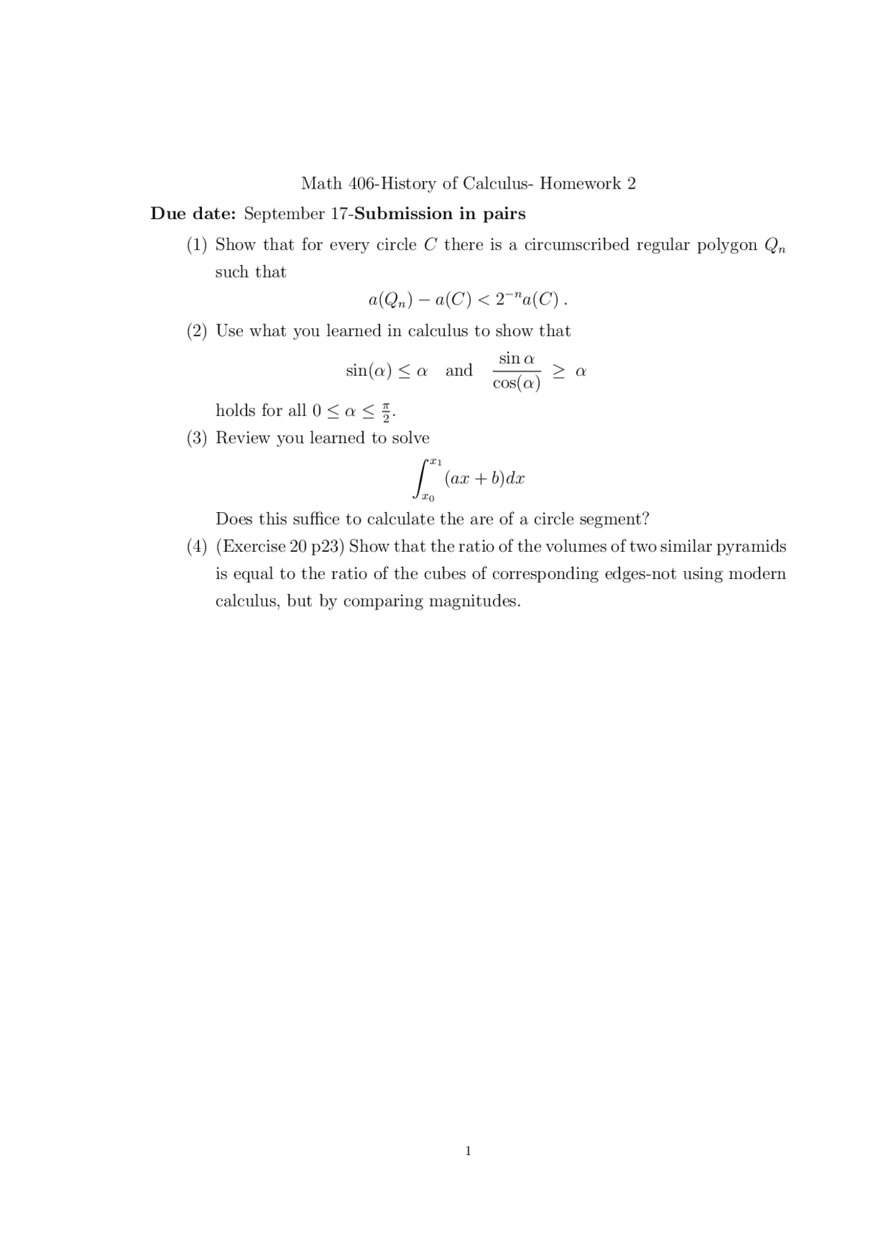 4 Questions For Assignment 2 History Of Calculus Math 406 Docsity