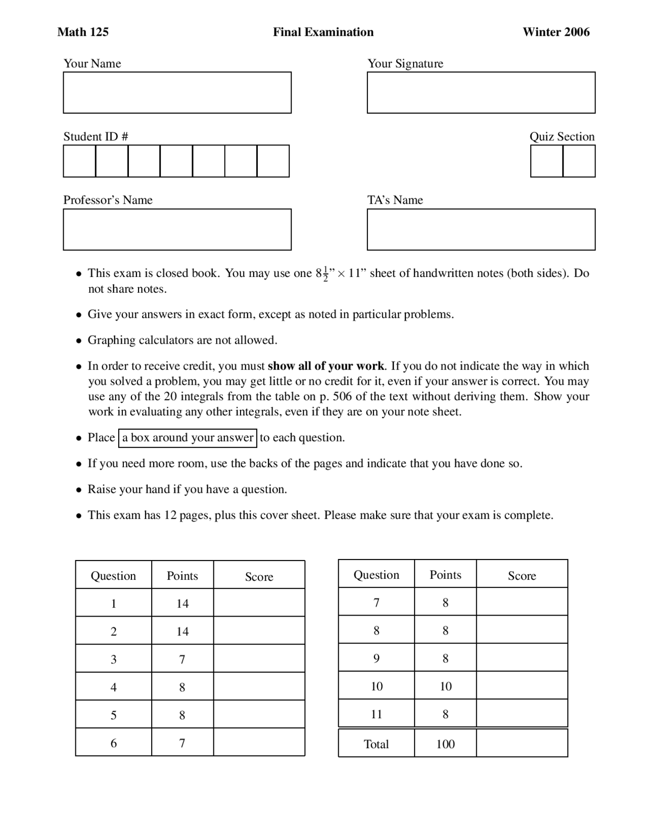 Final Exam With Solution For Calculus Analytical Geometry Math 125