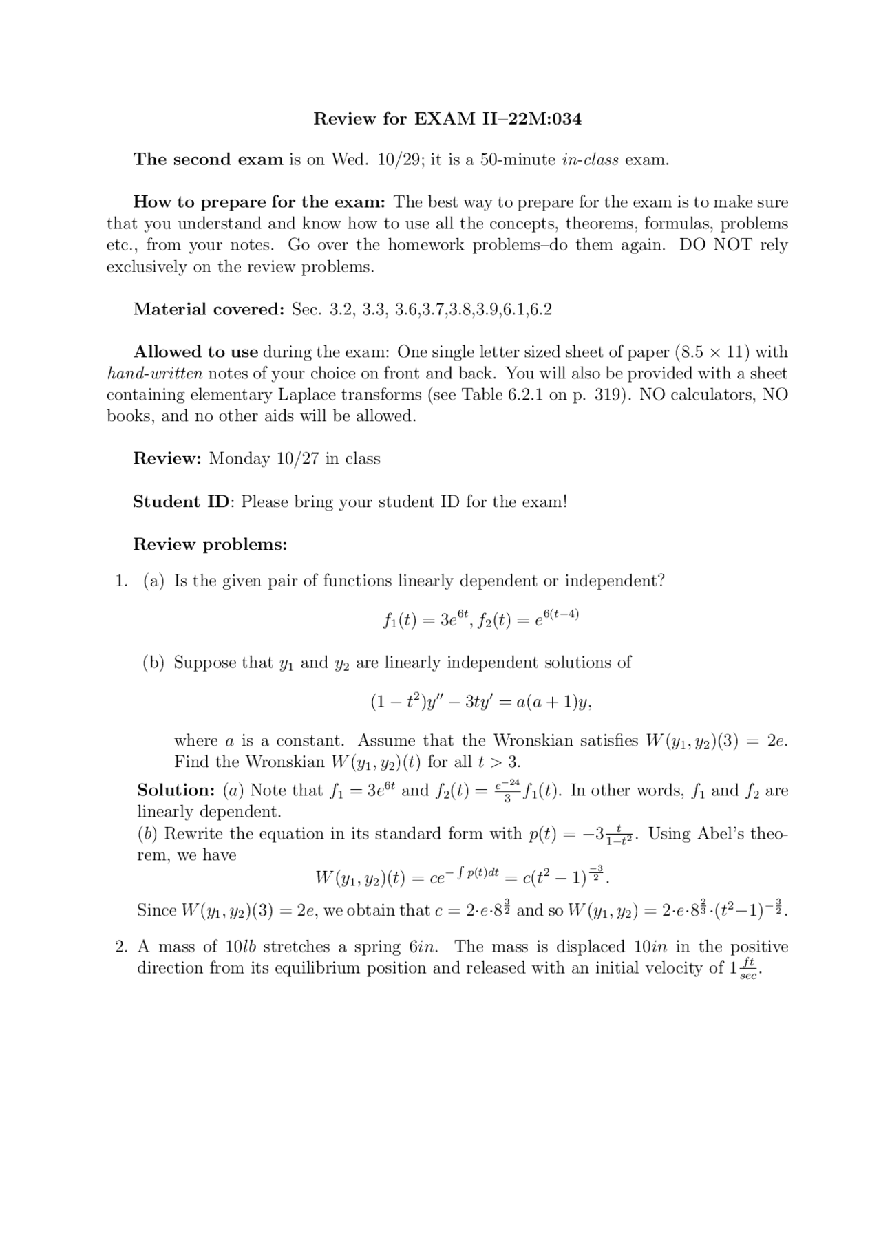 Review Sheet Of Second Exam Differential Equations 22m 034 Docsity