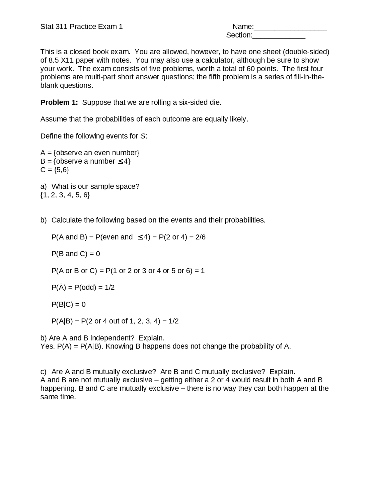 Practice Exam 1 Elements Of Statistical Methods Stat 311 Docsity