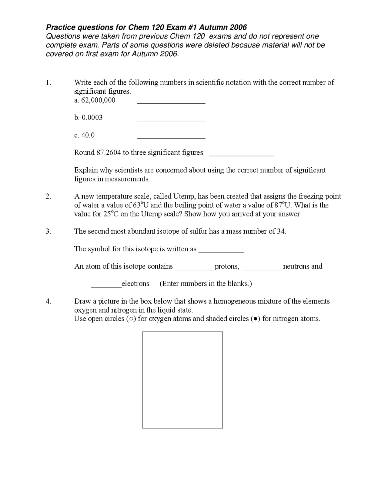 Exam 1 Practice Questions Principles Chemistry Chem 120 Docsity