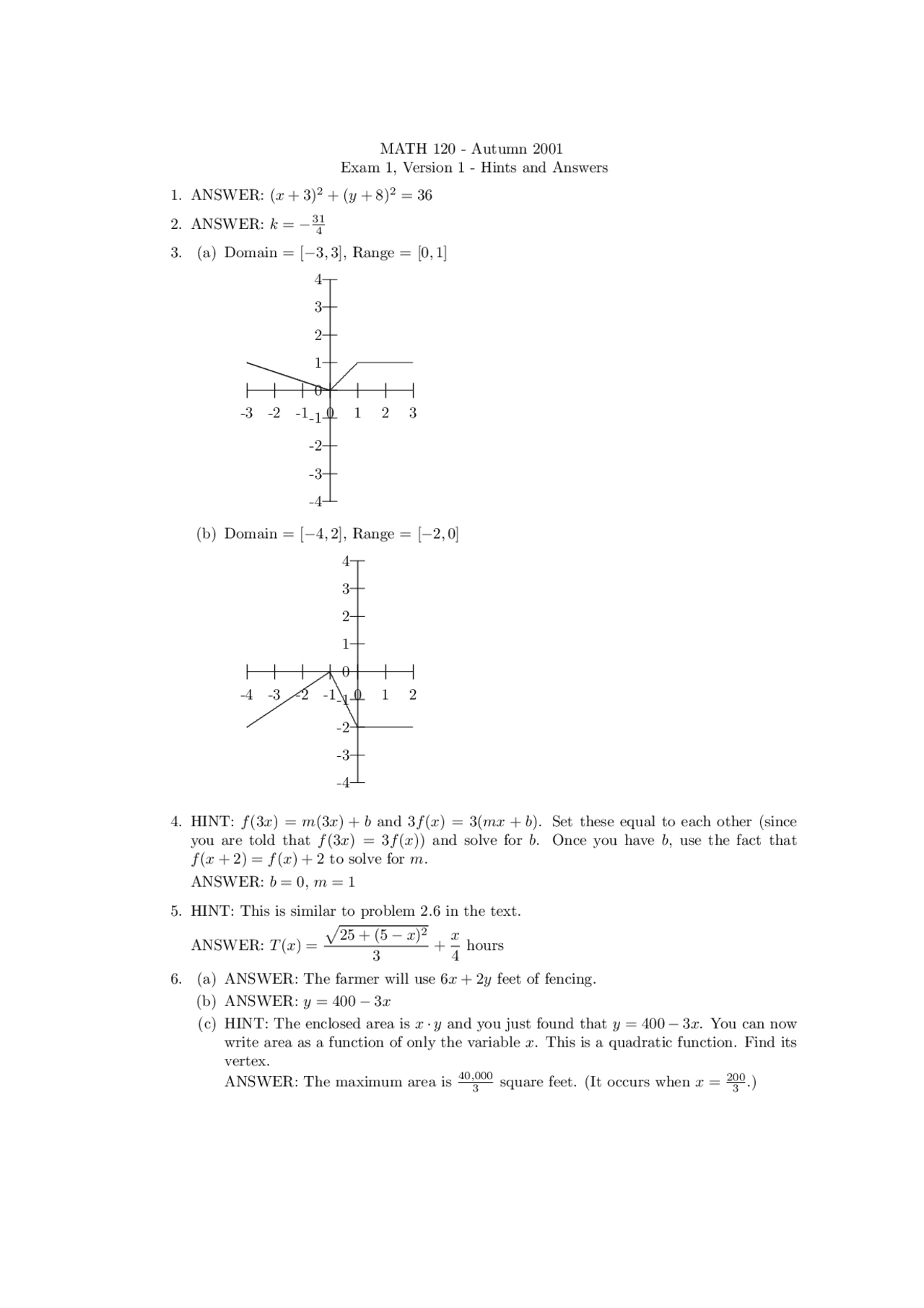 Solved Exam 1 for Precalculus - Fall 2001 | MATH 120 | Exams Pre ...