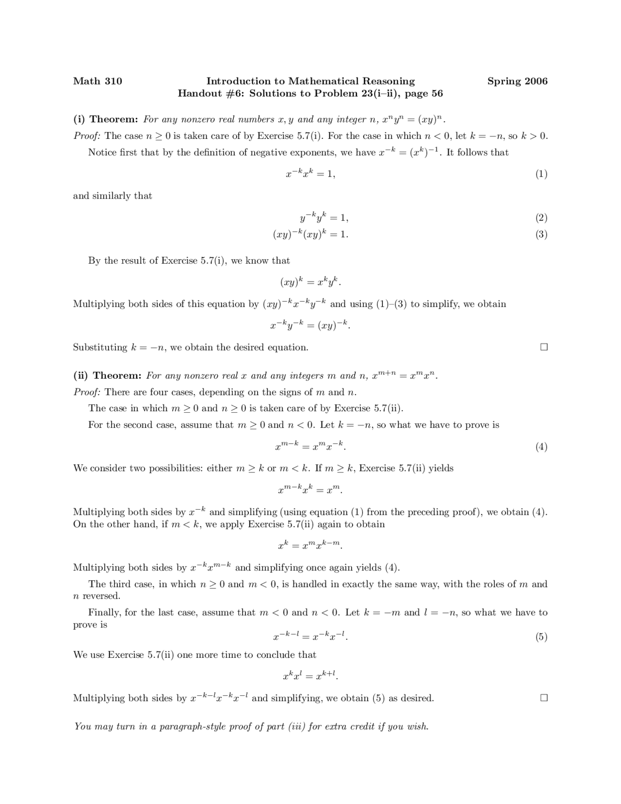 Handout 6 Solutions To Problem For Mathematics Reasoning Math 310