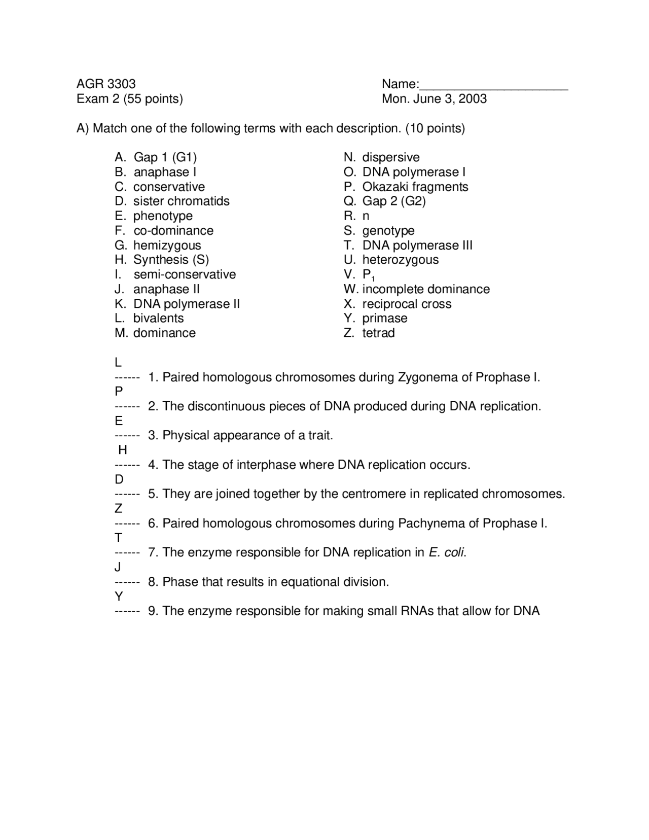 Exam 2 With Answers Genetics 2003 Agr 3303 Exams Genetics Docsity