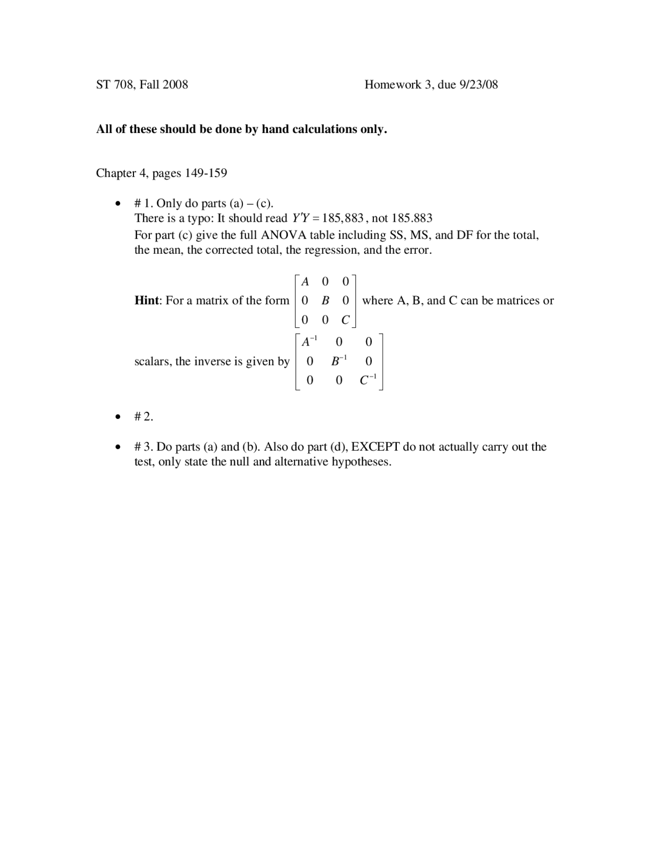 Applied Least Squares Homework Iii Questions St 708 Docsity