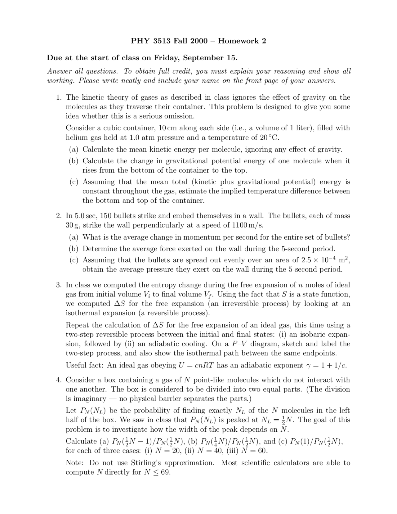 I 4 Solved Questions on Kinetic Theory of Gases - Assignment | PHY 3513 - Docsity