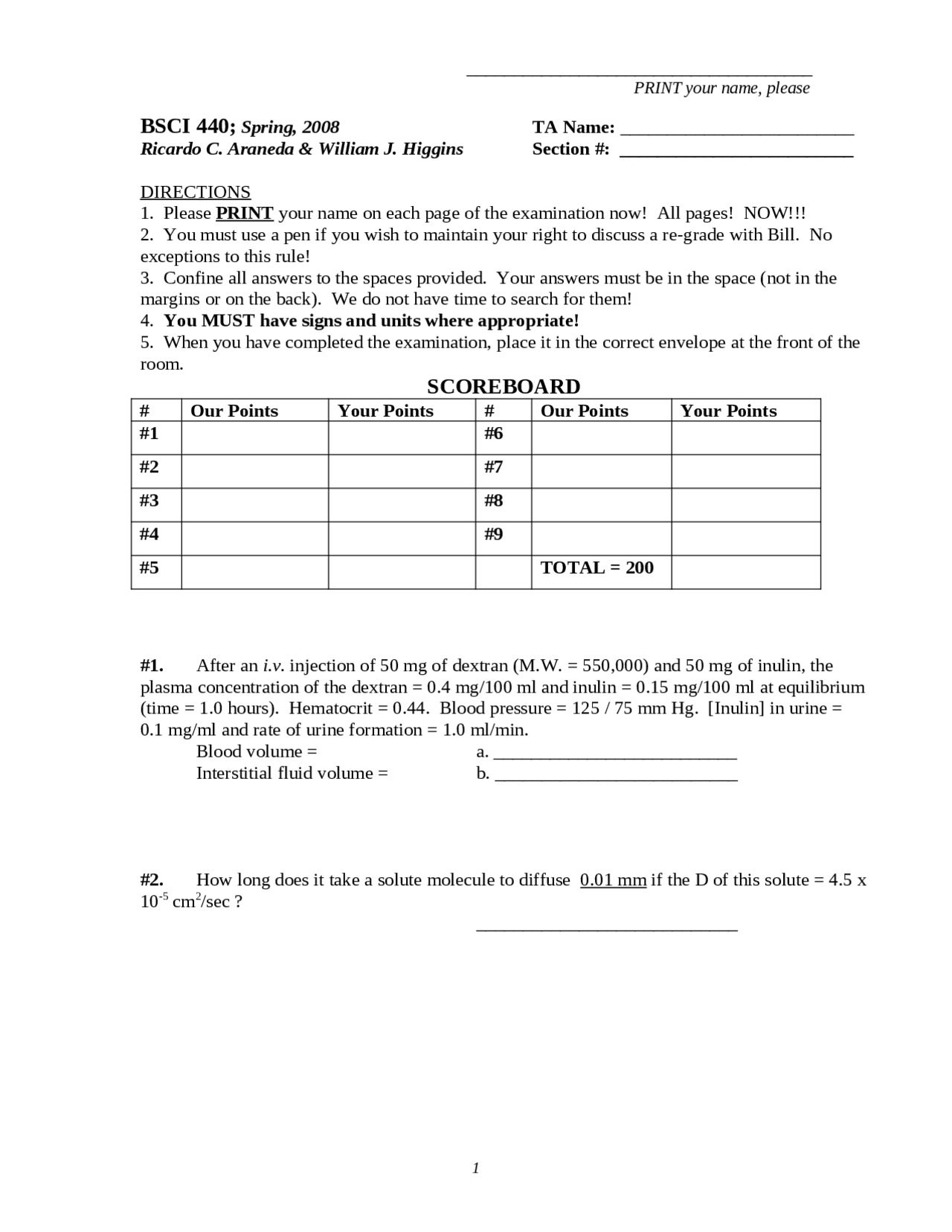 Questions On Mammalian Physiology For Examination Bsci 440 Docsity