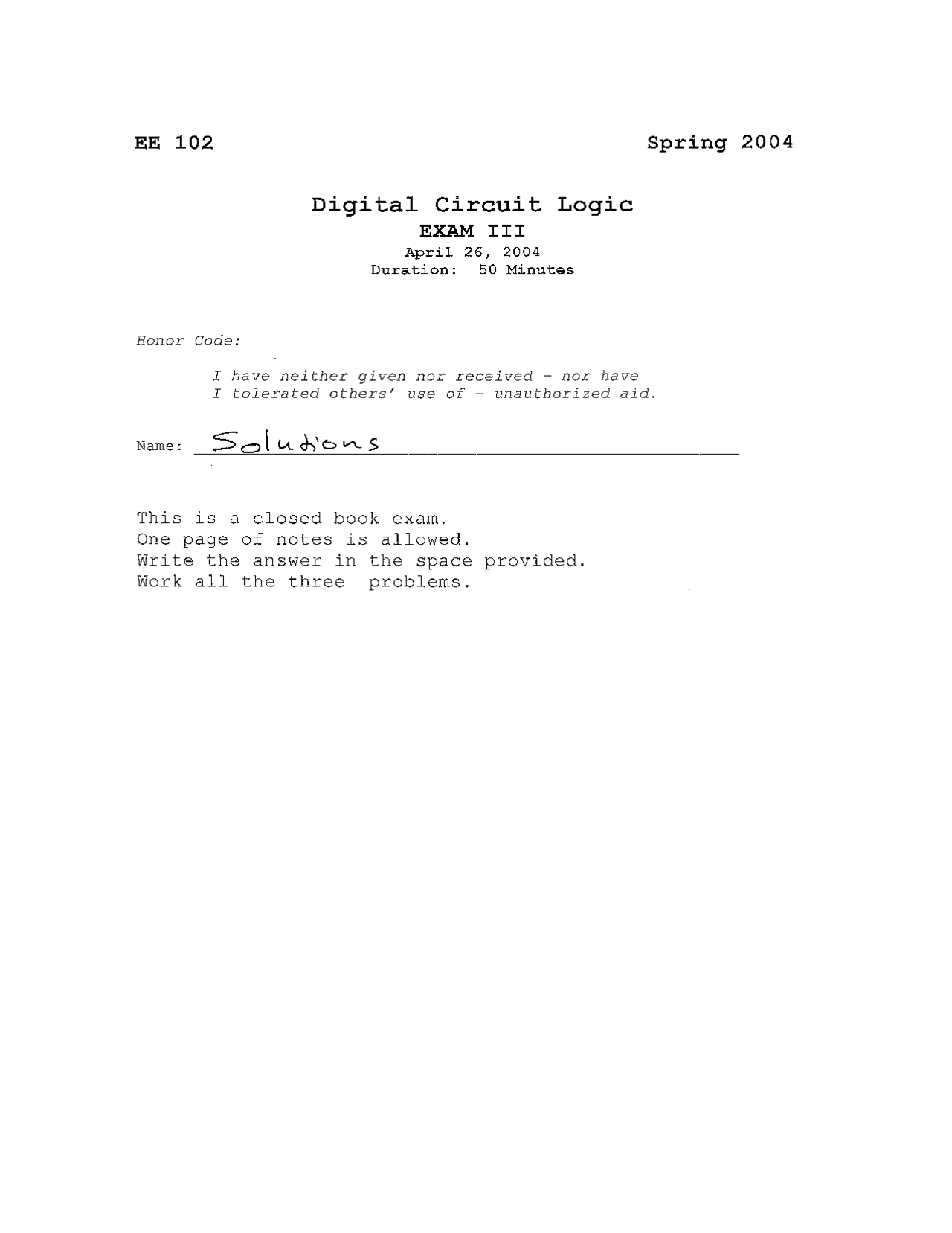 Exam 3 With Solutions Digital Circuit Logic Ece 102 Docsity