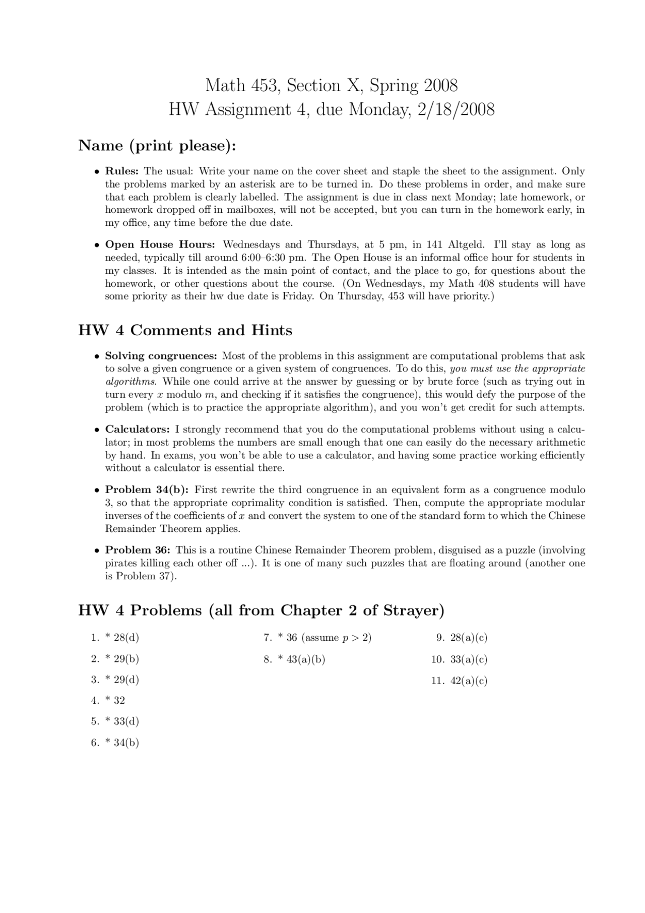Assignment 4 Problems Elementary Theory Of Numbers Math 453 Docsity