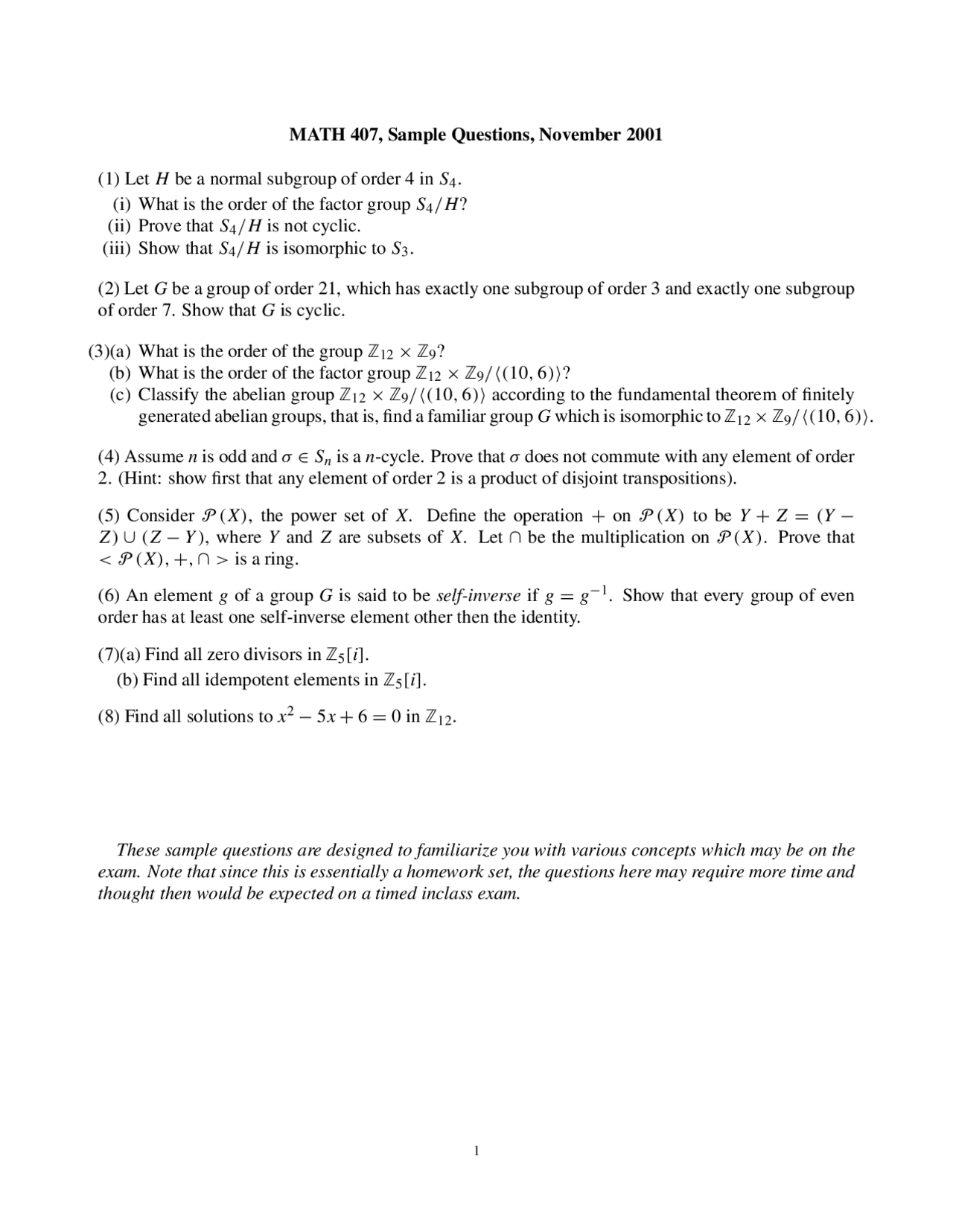 Sample Questions For Exam 2 Modern Algebra For Mathematics Majors