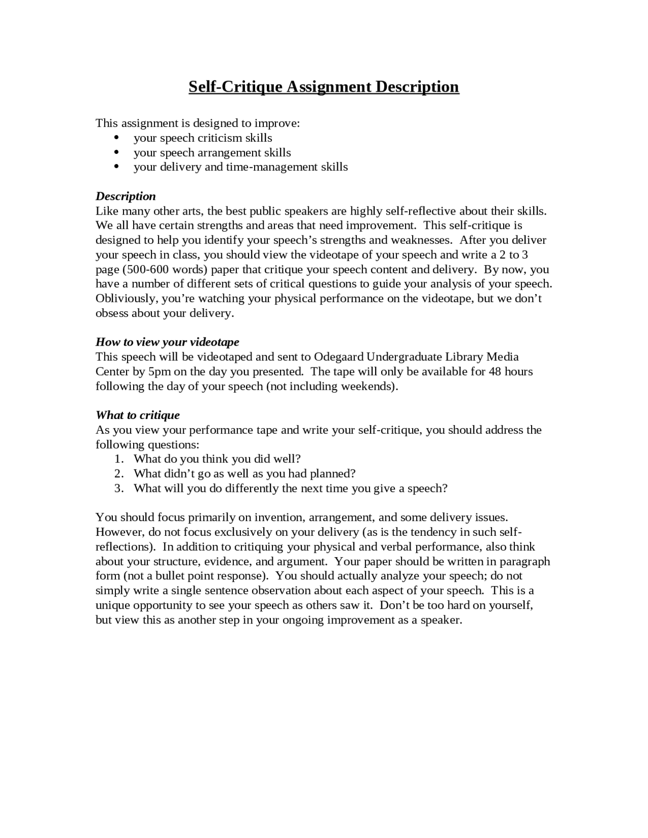 Self Critique Assignment Description Introduction To Public Speaking