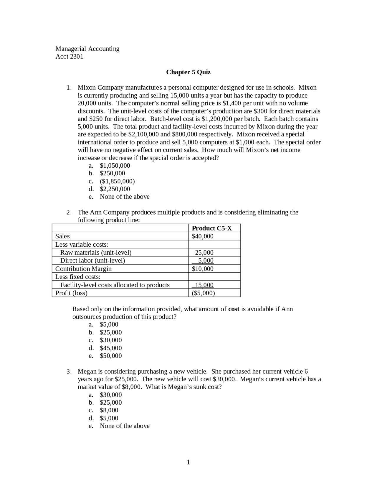 5 Mcqs In Class Quiz Managerial Accounting Acct 2301 Docsity