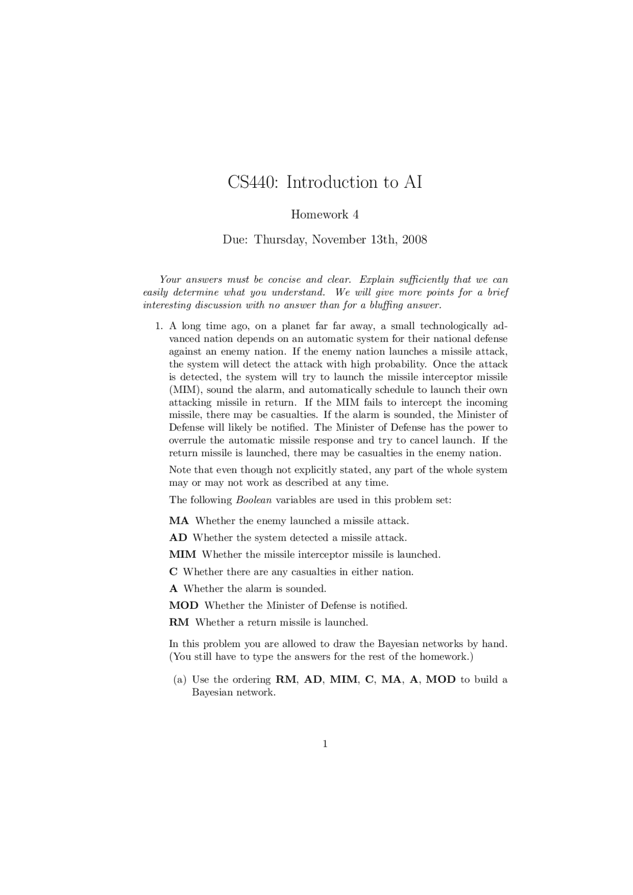 Introduction To Artificial Intelligence Assignment 14 Cs 440 Docsity