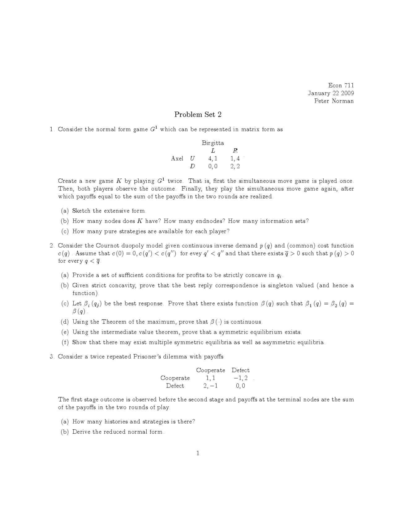 Problem Set 2 Advanced Microeconomic Theory Ii Econ 711 Docsity