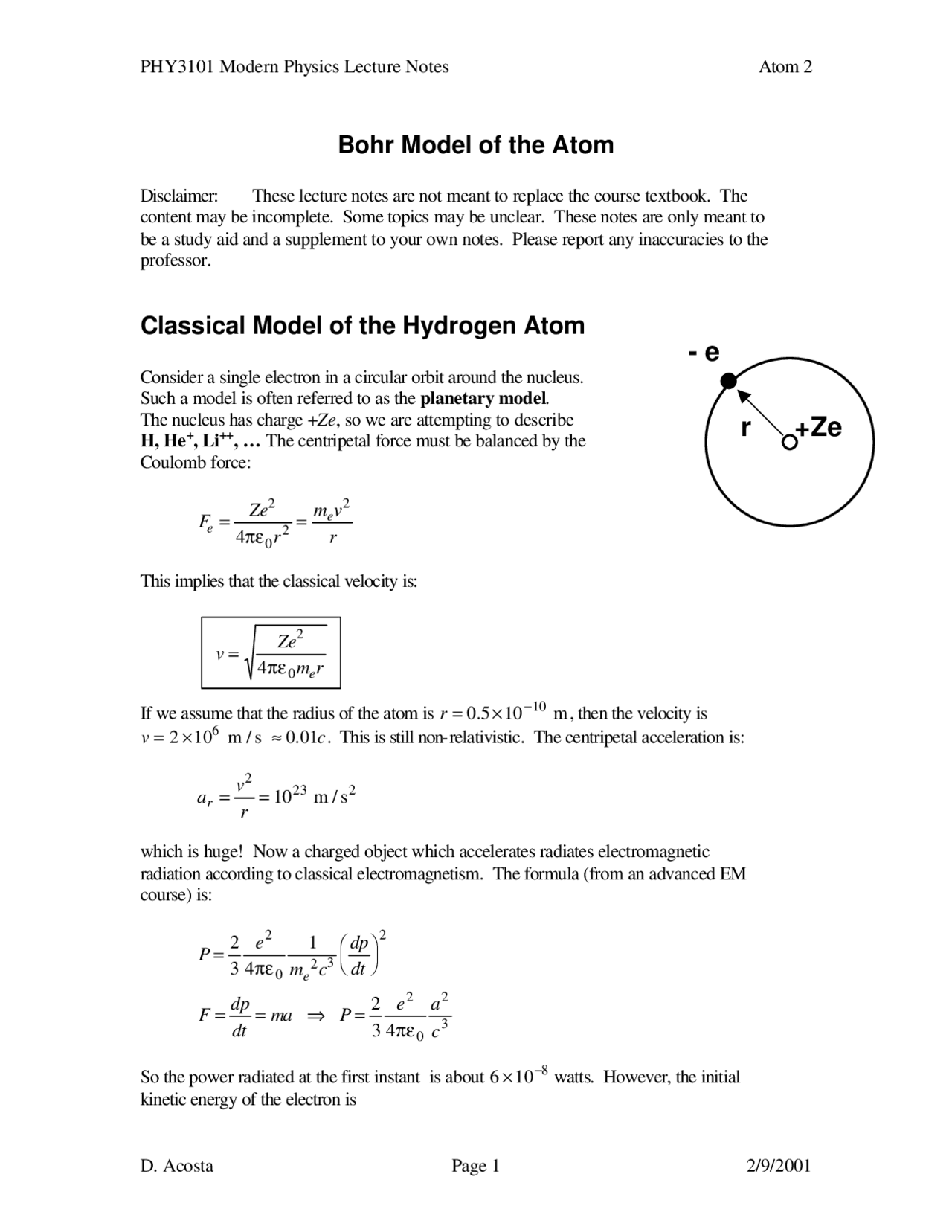 Lecture Notes on Bohr Model of The Atom | PHY 3101 - Docsity