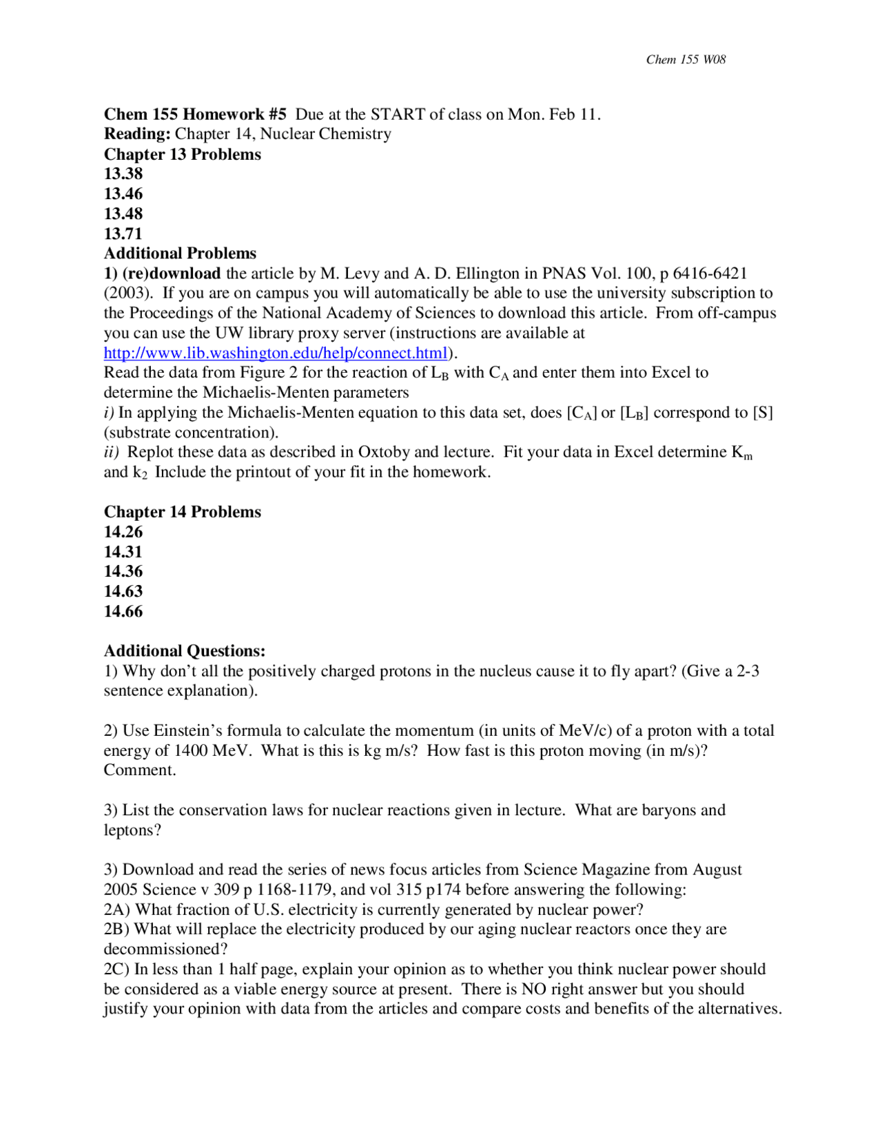 Homework 5 Problems - Nuclear Chemistry | CHEM 155 - Docsity