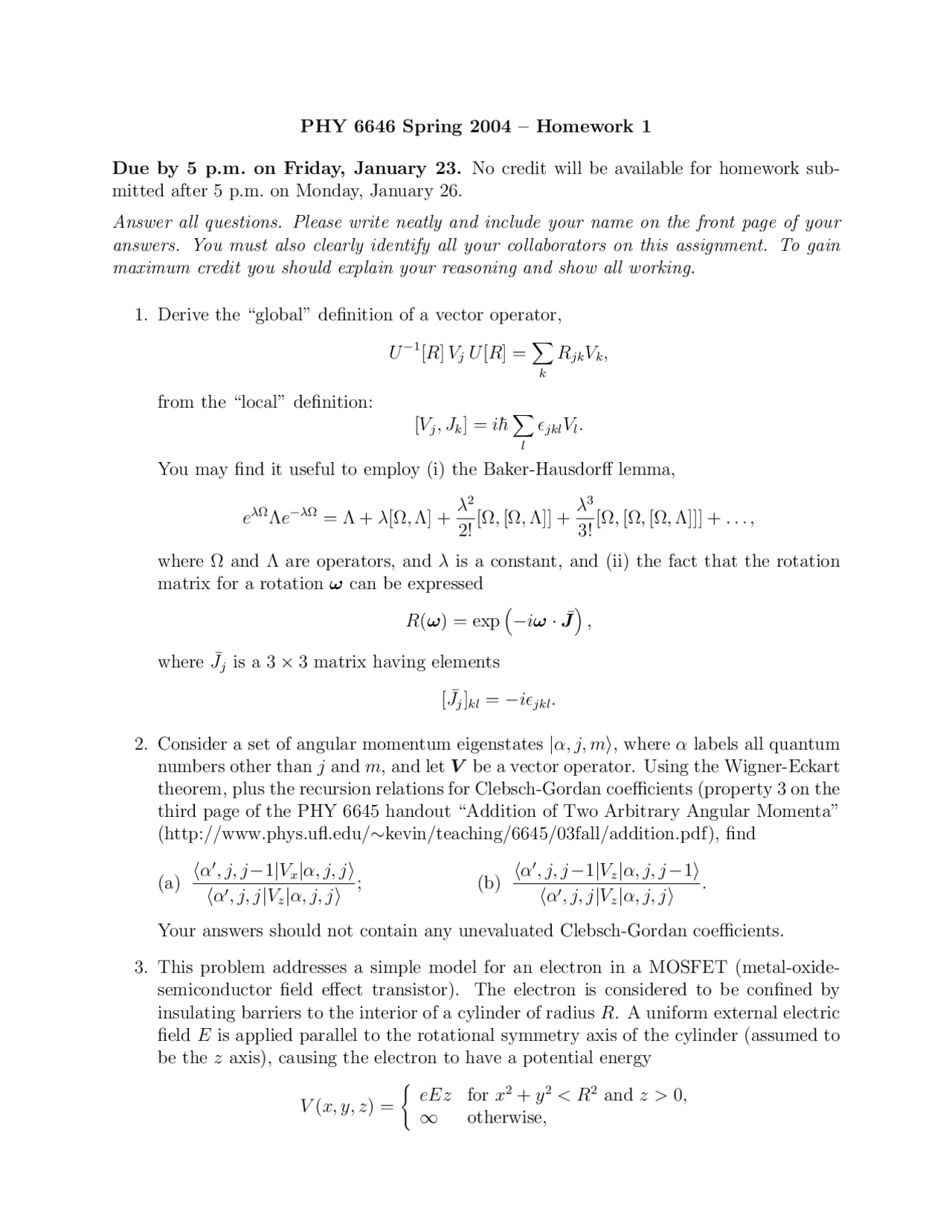 Quantum Mechanics I - Homework I Questions | PHY 6645 - Docsity