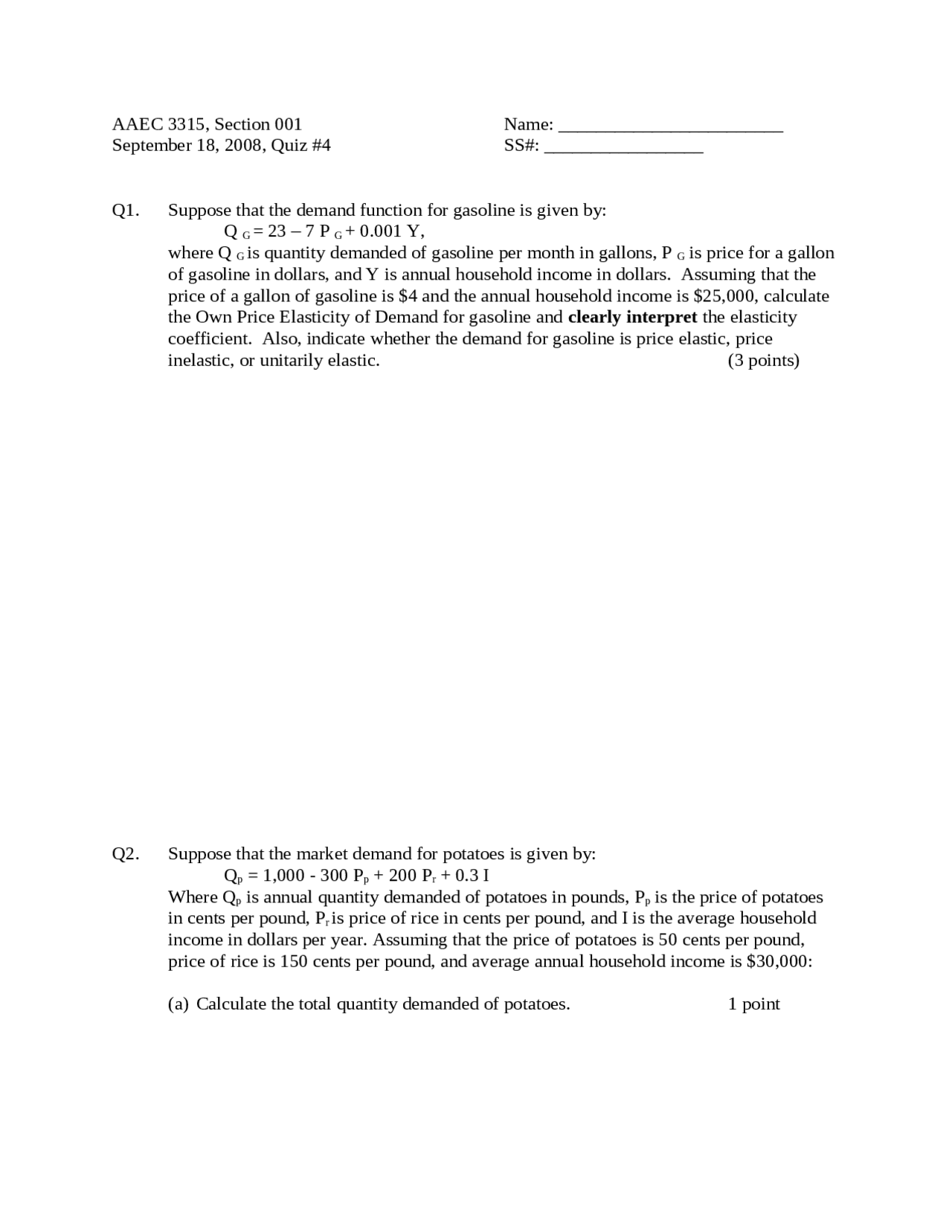 Quiz 4 Problems Agricultural Price Theory Aaec 3315 Docsity