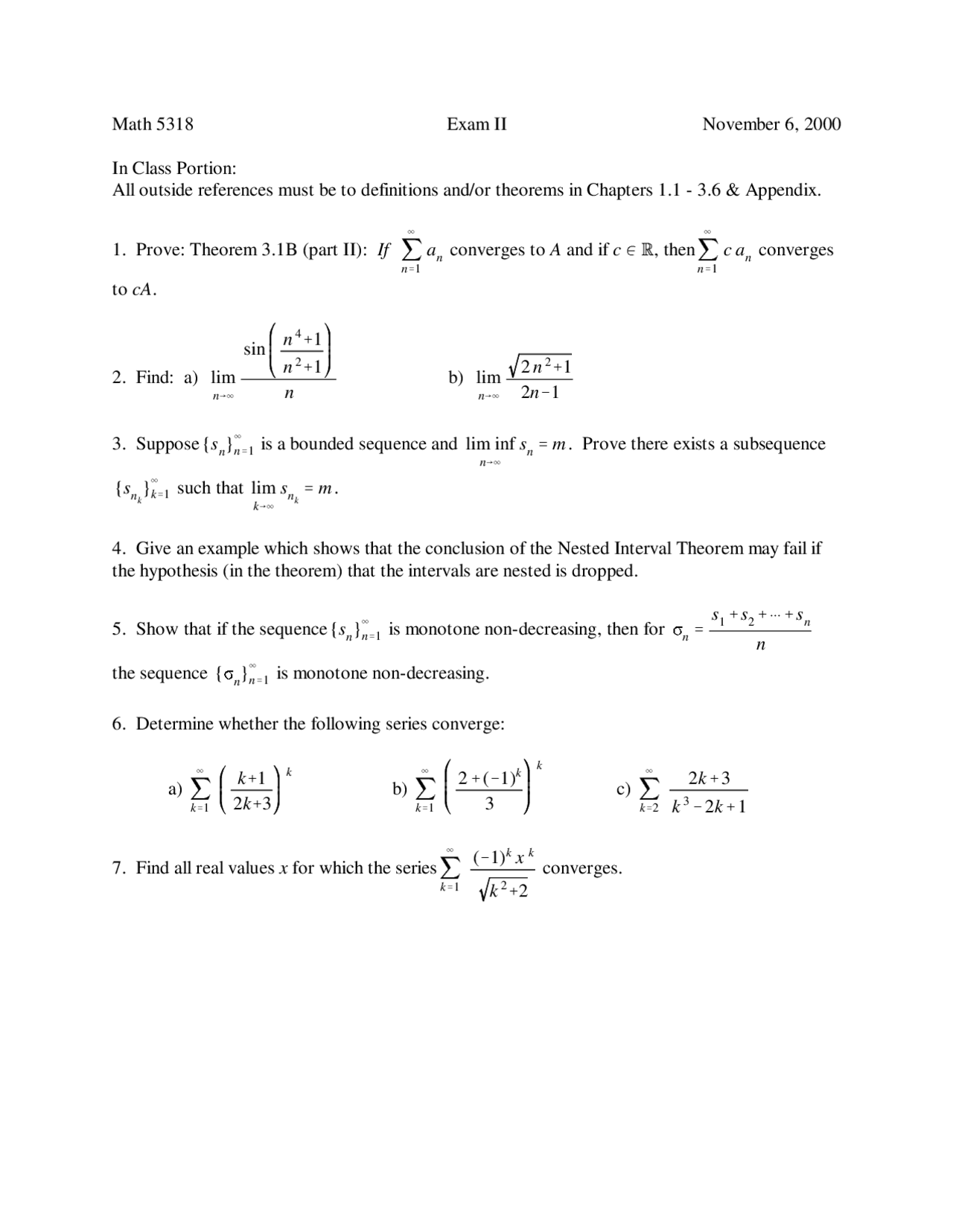 Exam II Questions - Intermediate Analysis I | MATH 5318 | Exams Financial Accounting | Docsity