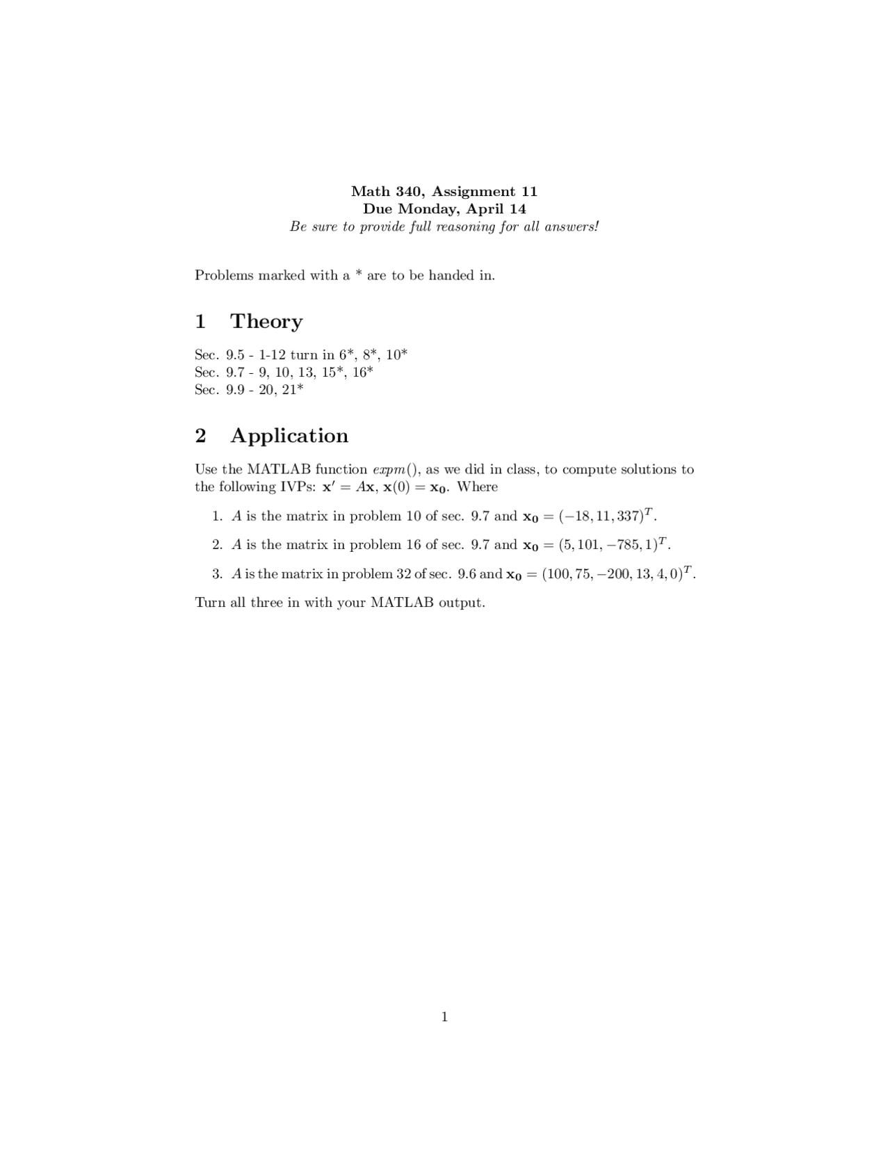 Assignment 11 Ordinary Differential Equations Math 340 Docsity