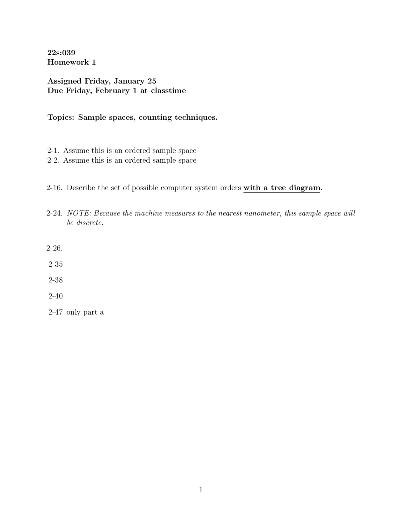 Sample Spaces and Counting Techniques - Homework 1 | 22S 039 - Docsity