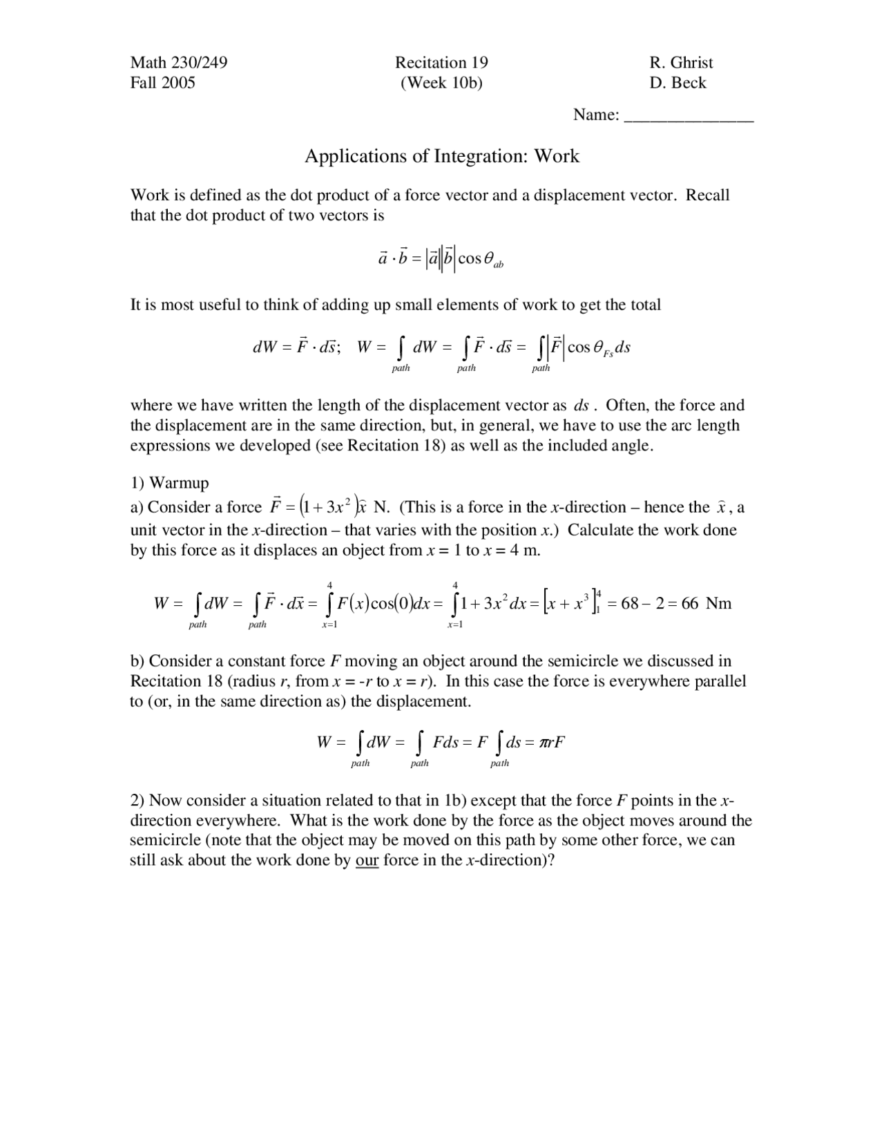 Applications Of Integration Work Calculus Ii Math 231 Docsity