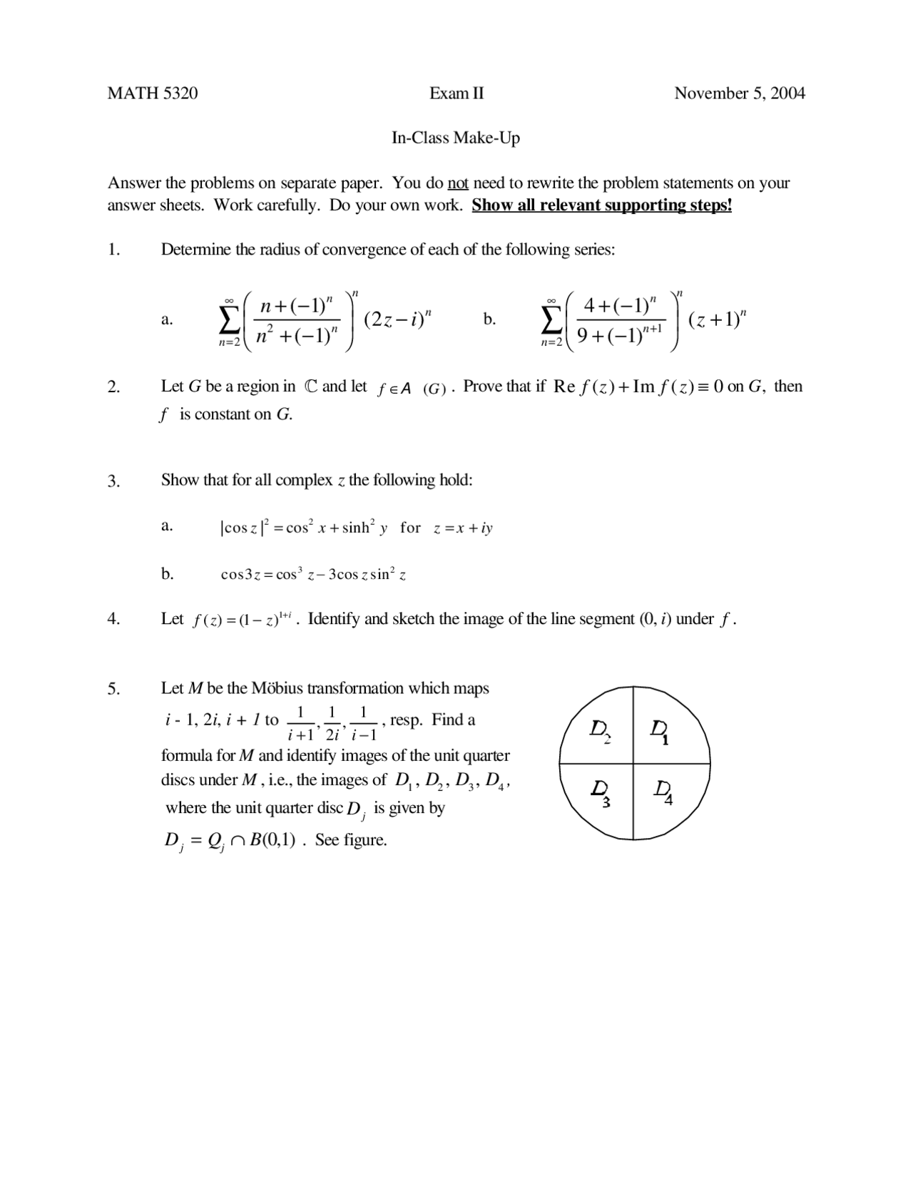 Exam Ii For Functions Of A Complex Variable I Math 5320 Docsity