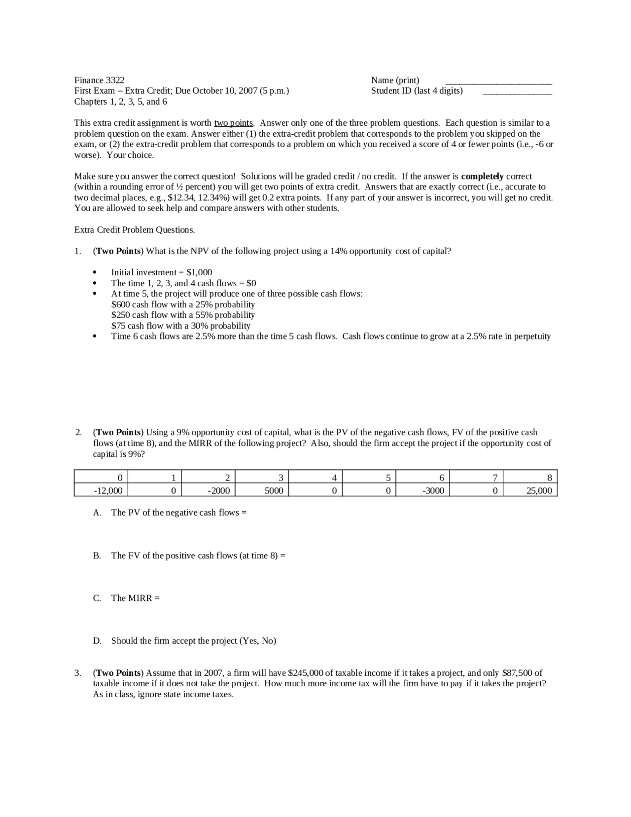 Exam 1 For Corporation Finance I Fin 3322 Docsity