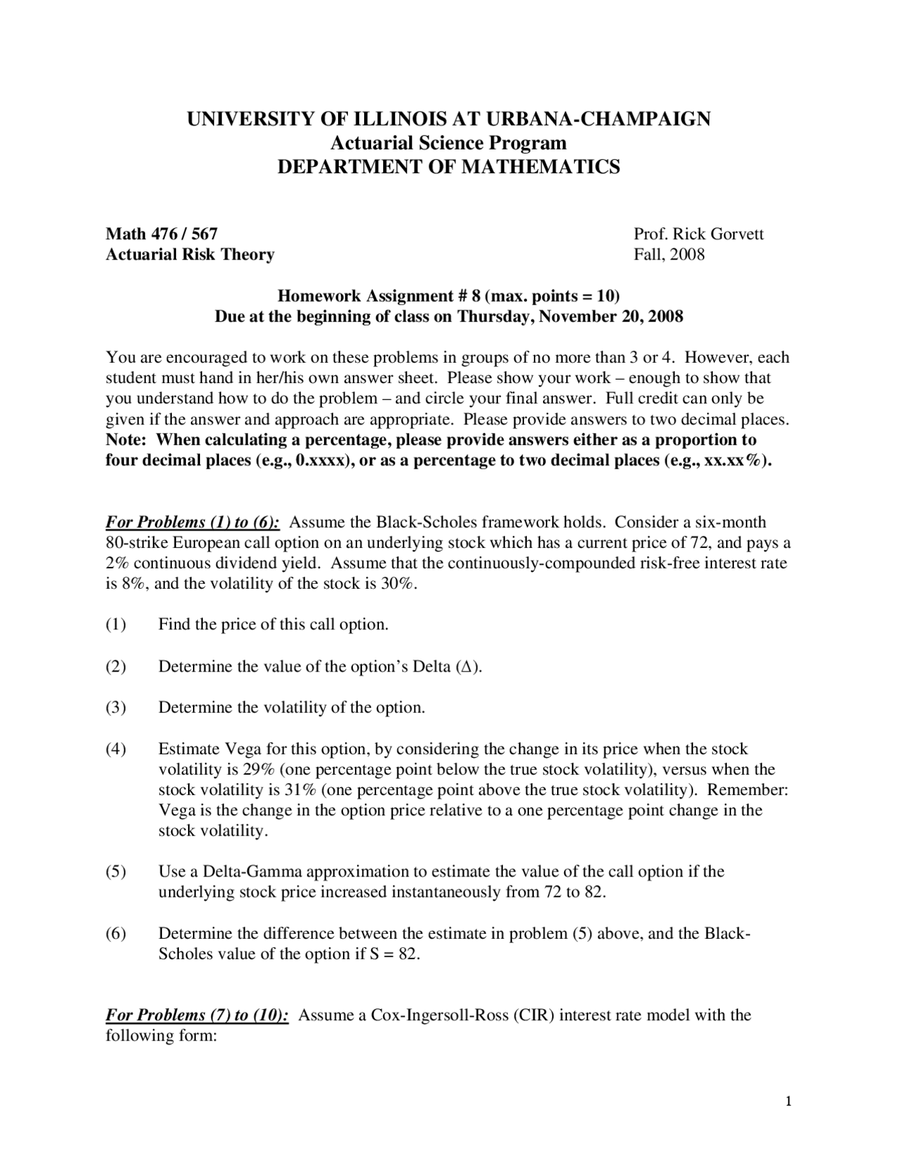 10 Questions For Assignment 8 Actuarial Risk Theory Math 476 Docsity