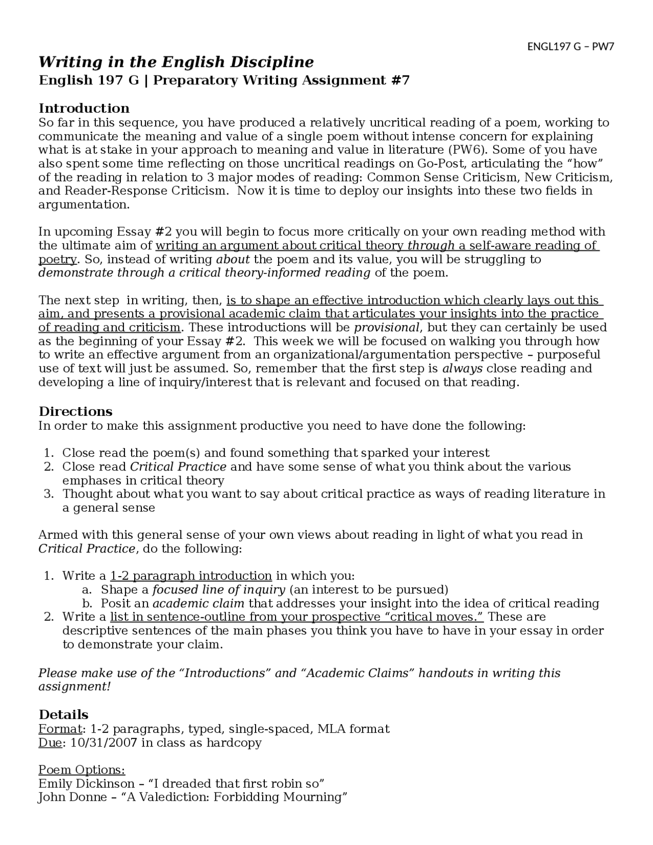 Assignment 7 - Writing in English Discipline | ENGL 197 | Assignments ...