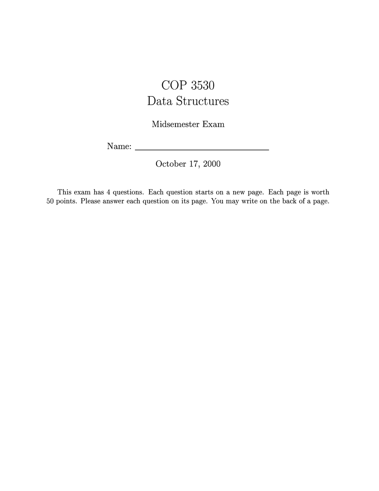 Midterm Exam 4 Questions With Solution Of Data Structure Cop 3530 Docsity