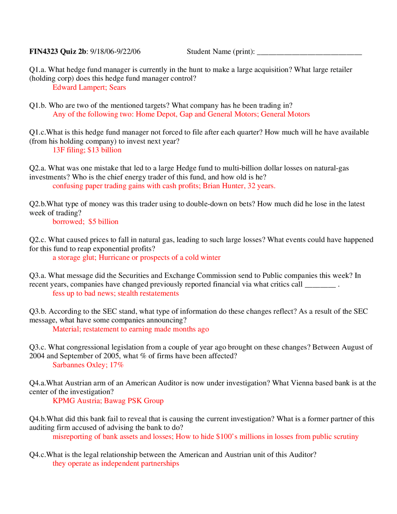 Quiz 2b With Answers Management Of Financial Institutions Fin 4323