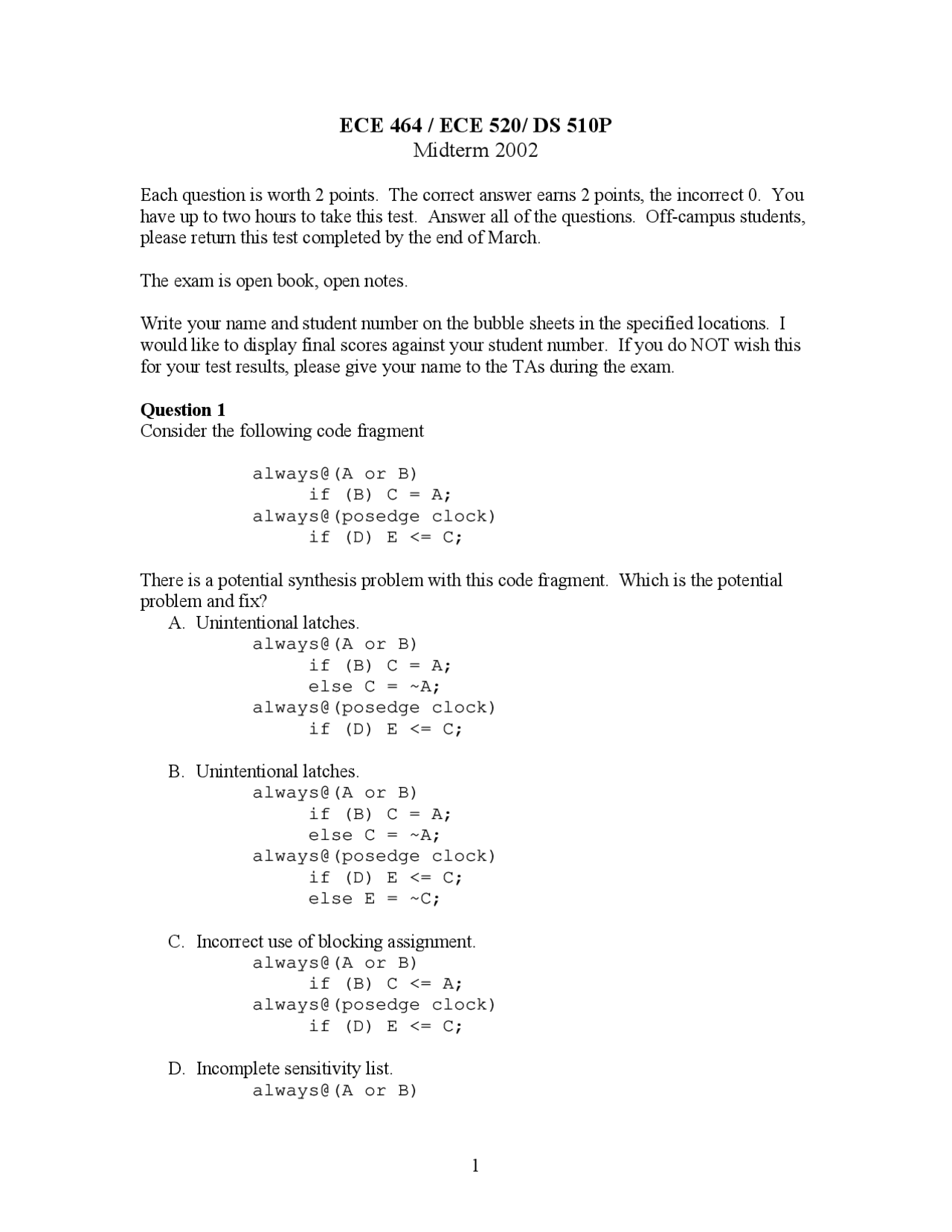 Midterm Exam Practice Questions Asic Design Fall 2002 Ece 464