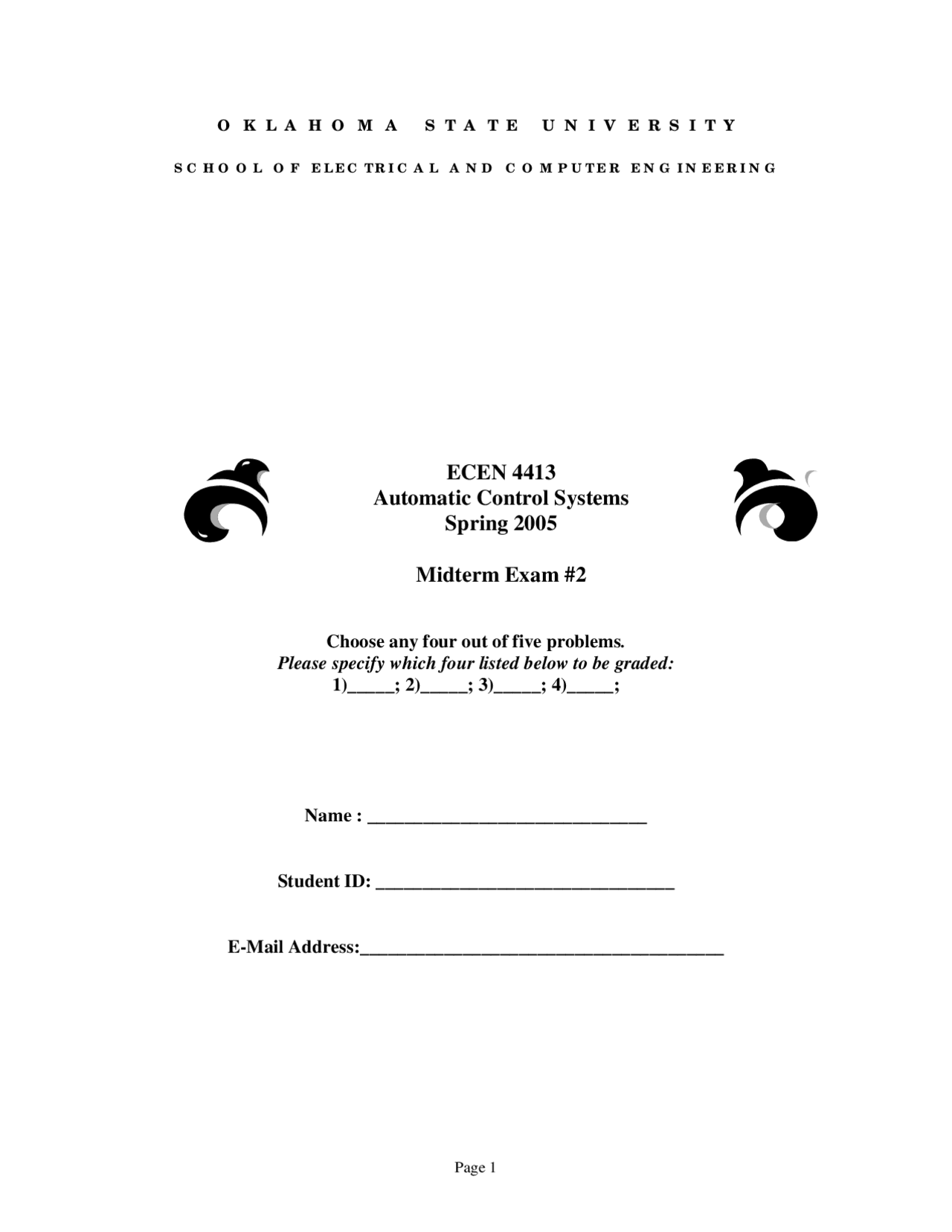 5 Problems On Automatic Control System For Midterm Exam 2 Ecen 4413