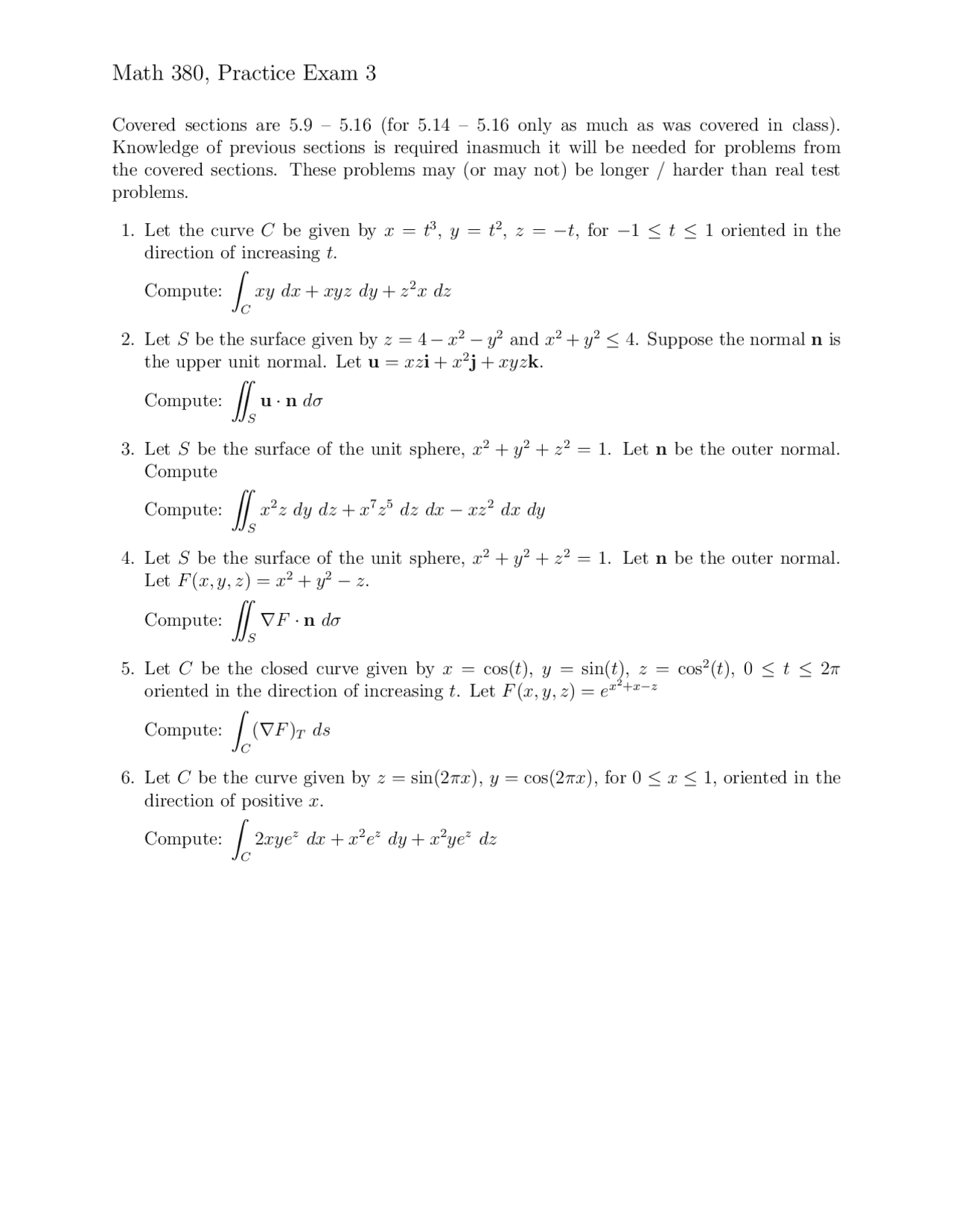 Advanced Calculus - Questions for Practice Exam 3 | MATH 380 - Docsity