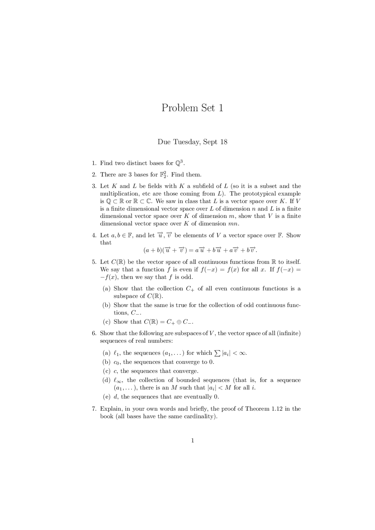 Problem Set 1 Advanced Linear Algebra Math 5651 Docsity