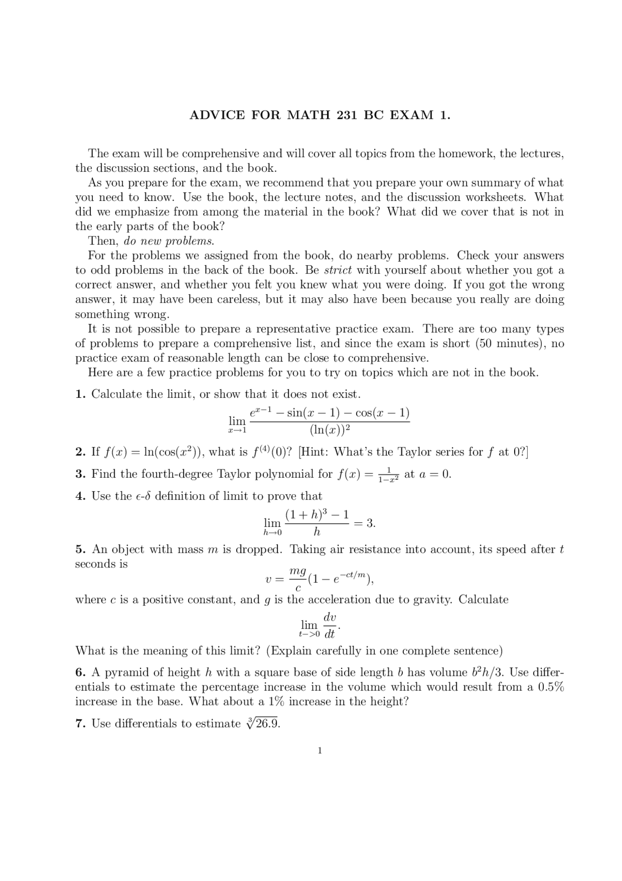 7 Problems On Calculus Ll Examination 1 Math 231 Docsity