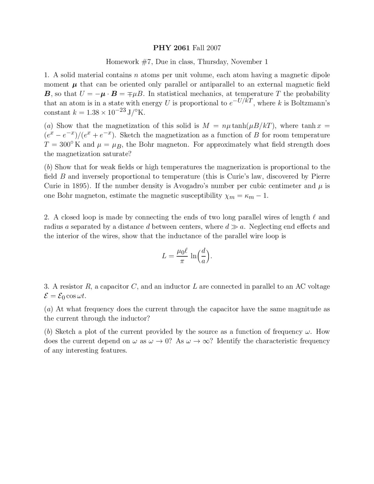 Enriched Physics Calculus Ii Homework 7 Problems Phy 2061 Docsity