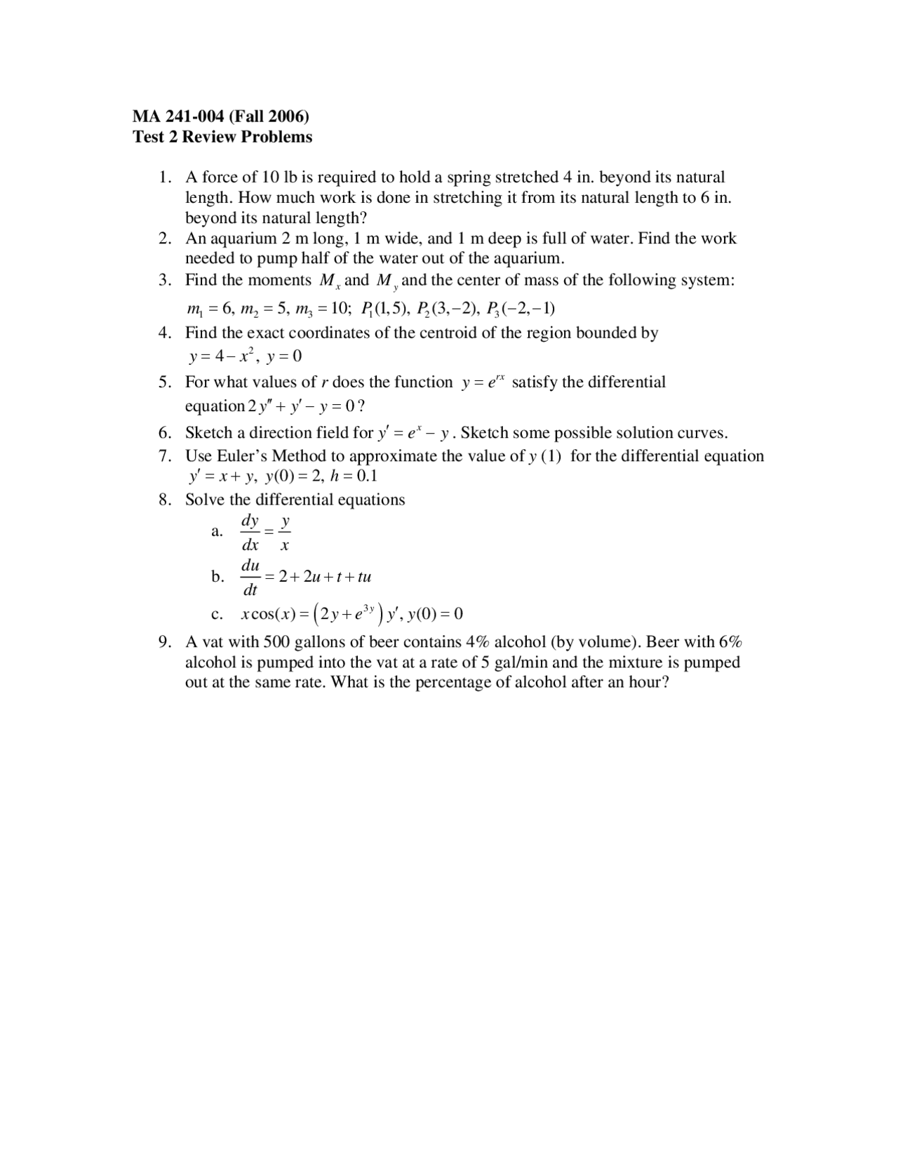 Test 2 Review Problems Fall 2006 Calculus Ii Ma 241 Docsity