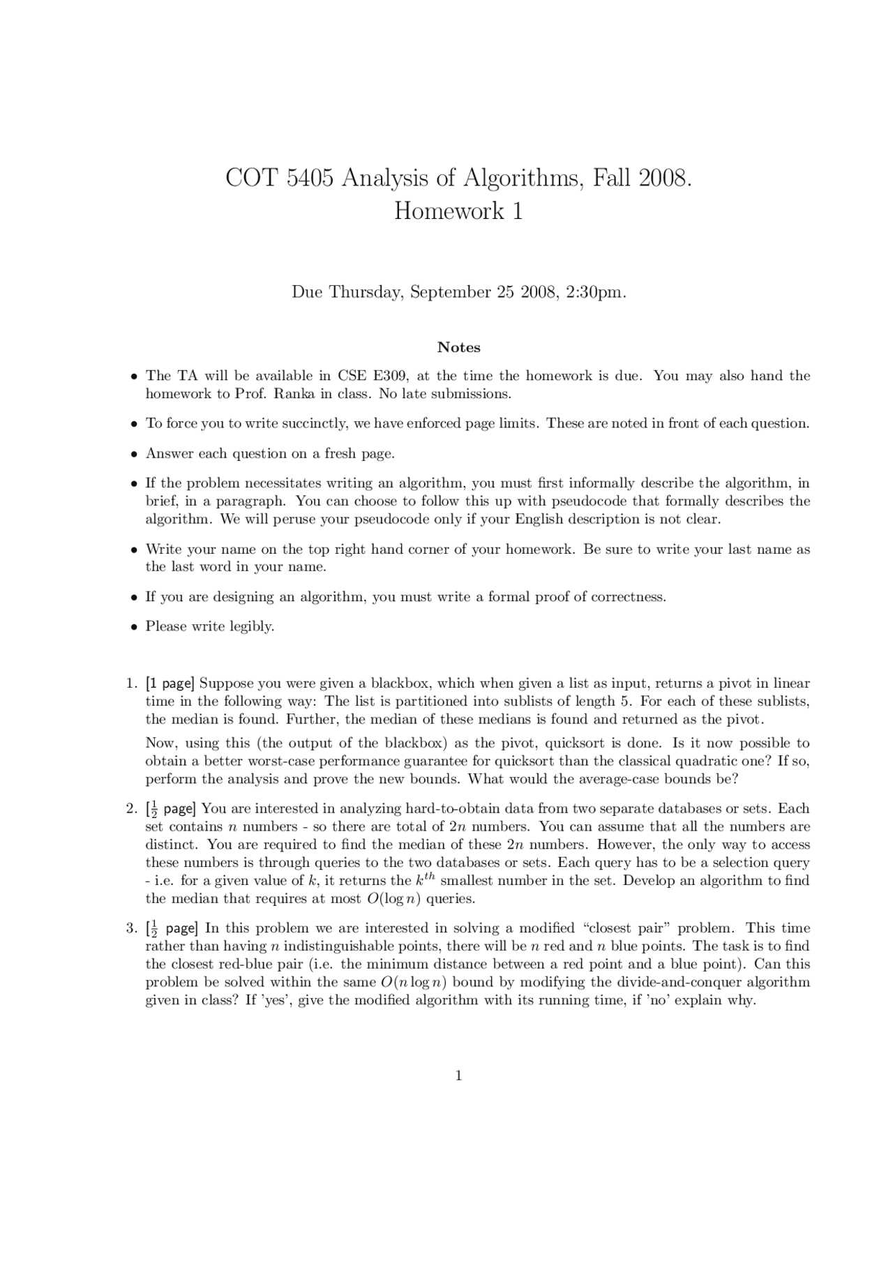 Analysis Of Algorithms Homework I Questions Cot 5405 Docsity