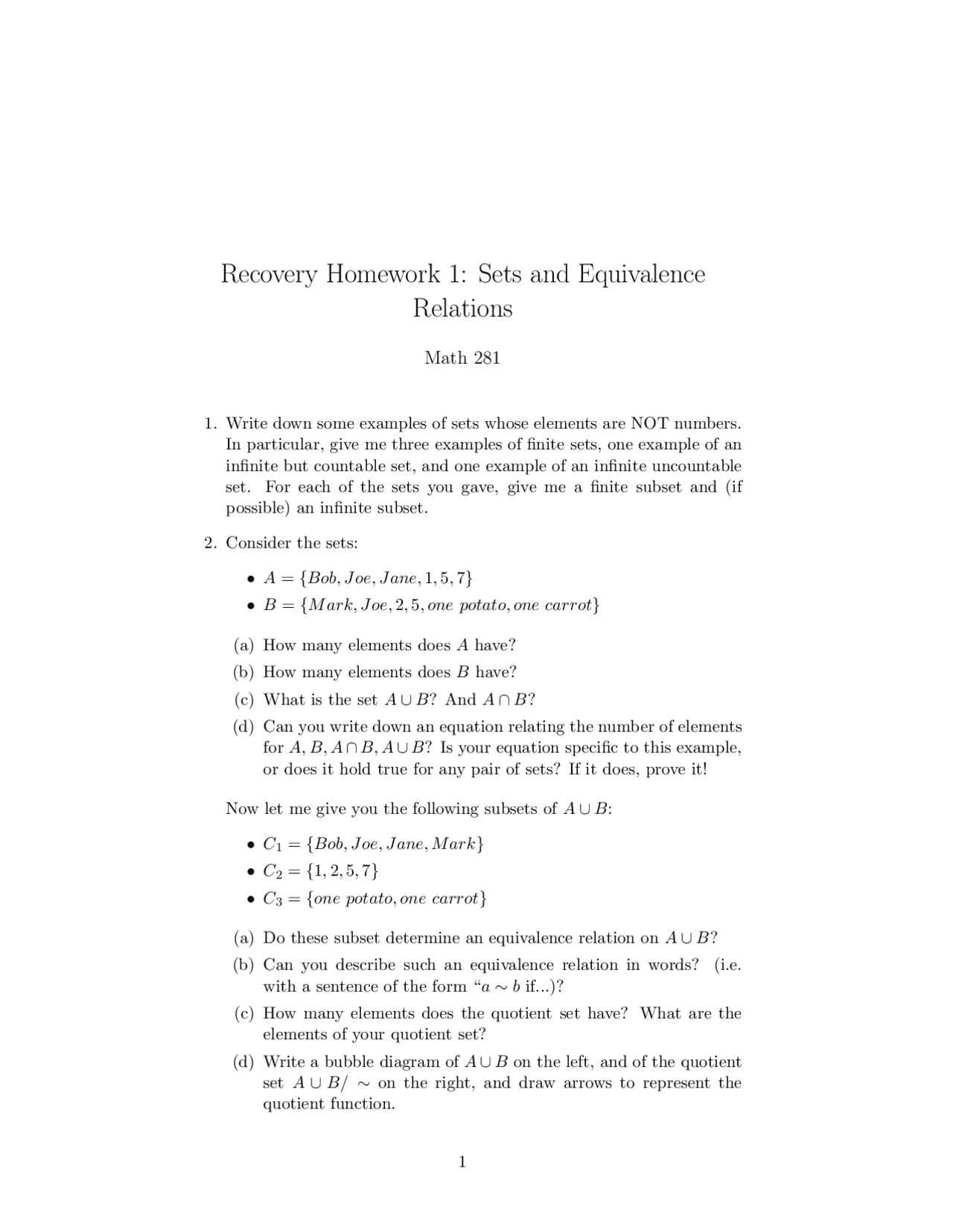Recovery Homework 1 Sets And Equivalence Relations Math 281 Docsity
