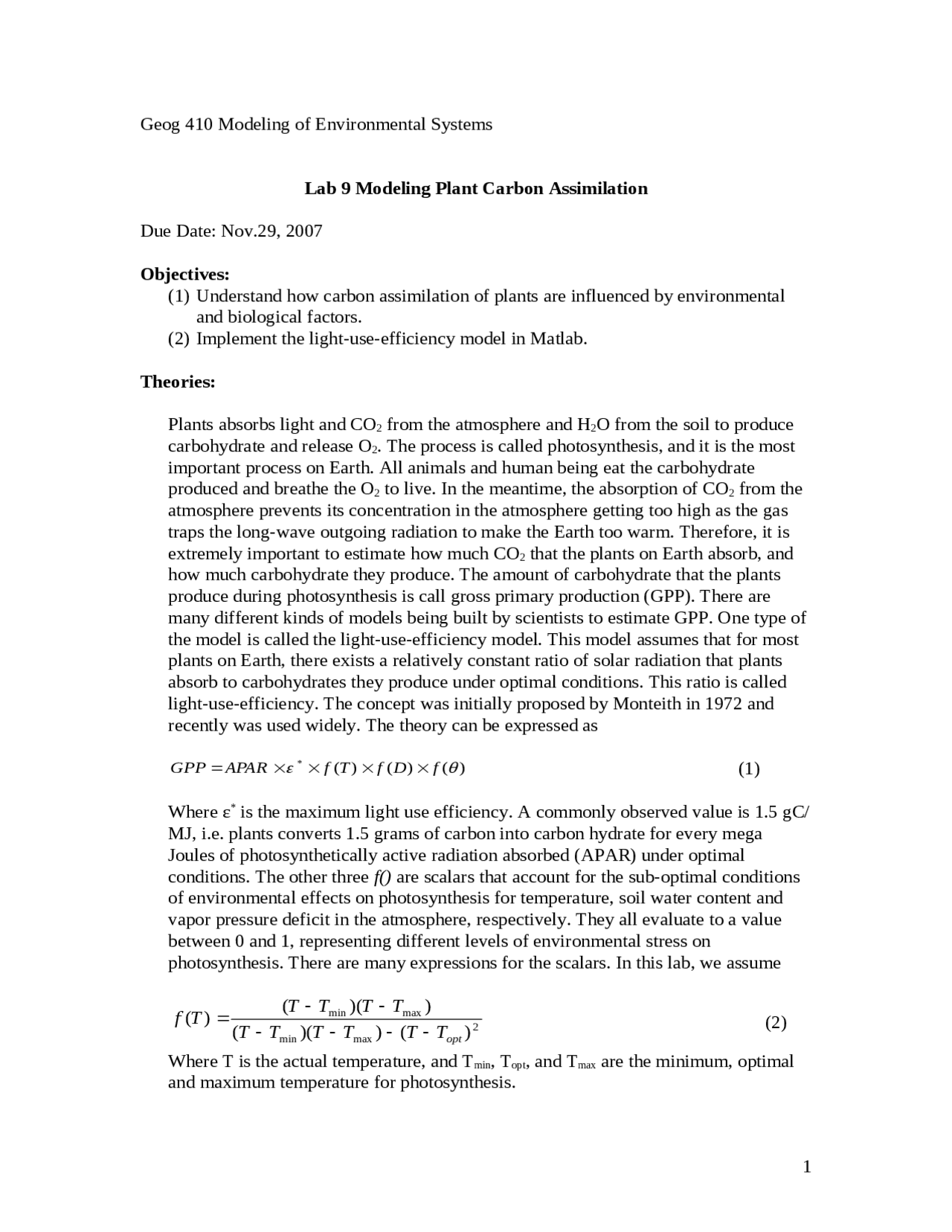 Modeling Plant Carbon Assimilation - Lab 9 | GEOG 410 - Docsity