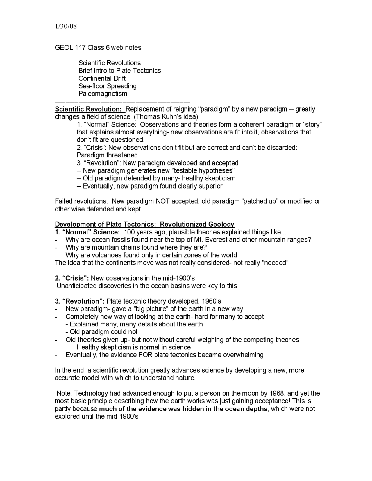 Lecture Notes On Scientific Revolutions The Oceans Geol 117 Docsity