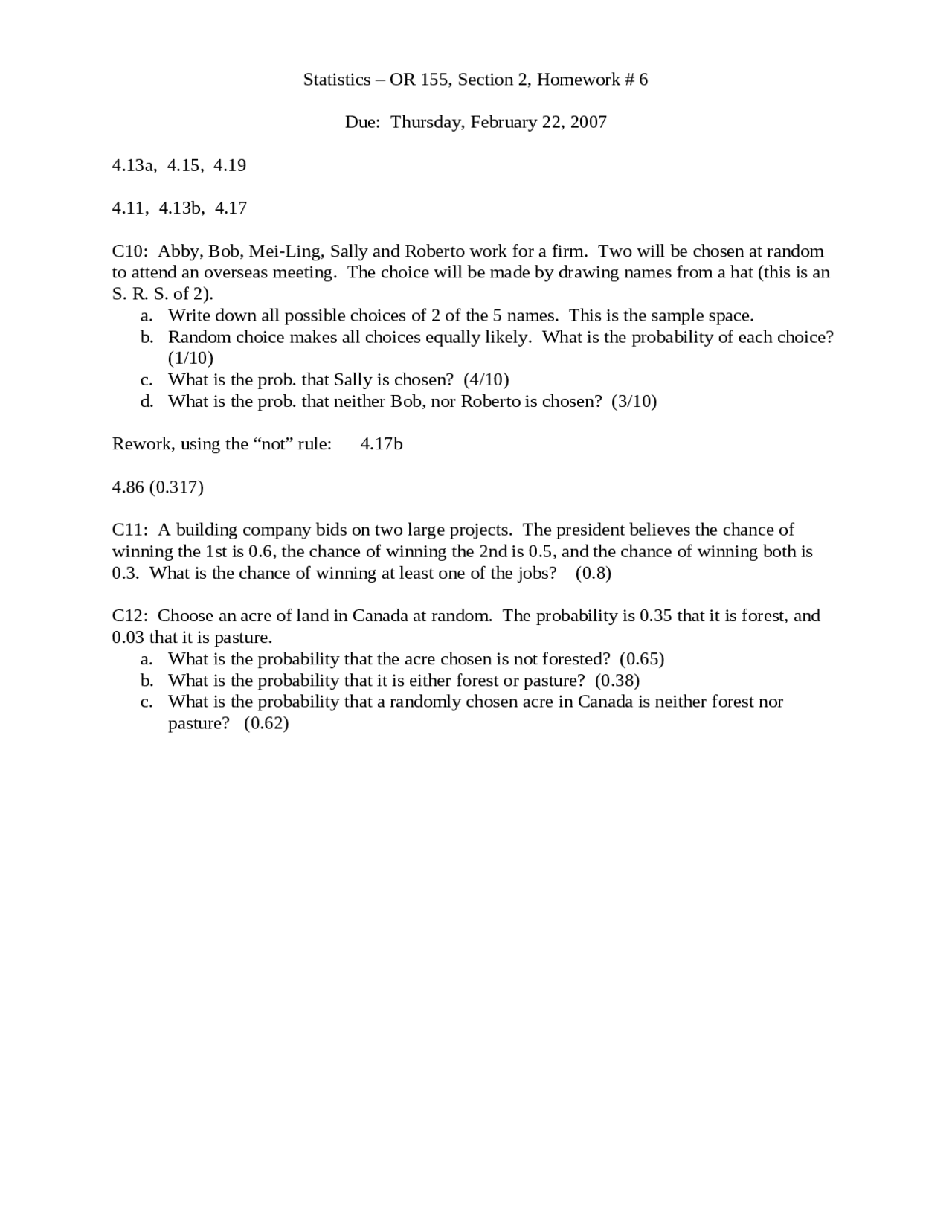 Homework 6 Introduction To Statistics 2007 Stor 155 Docsity