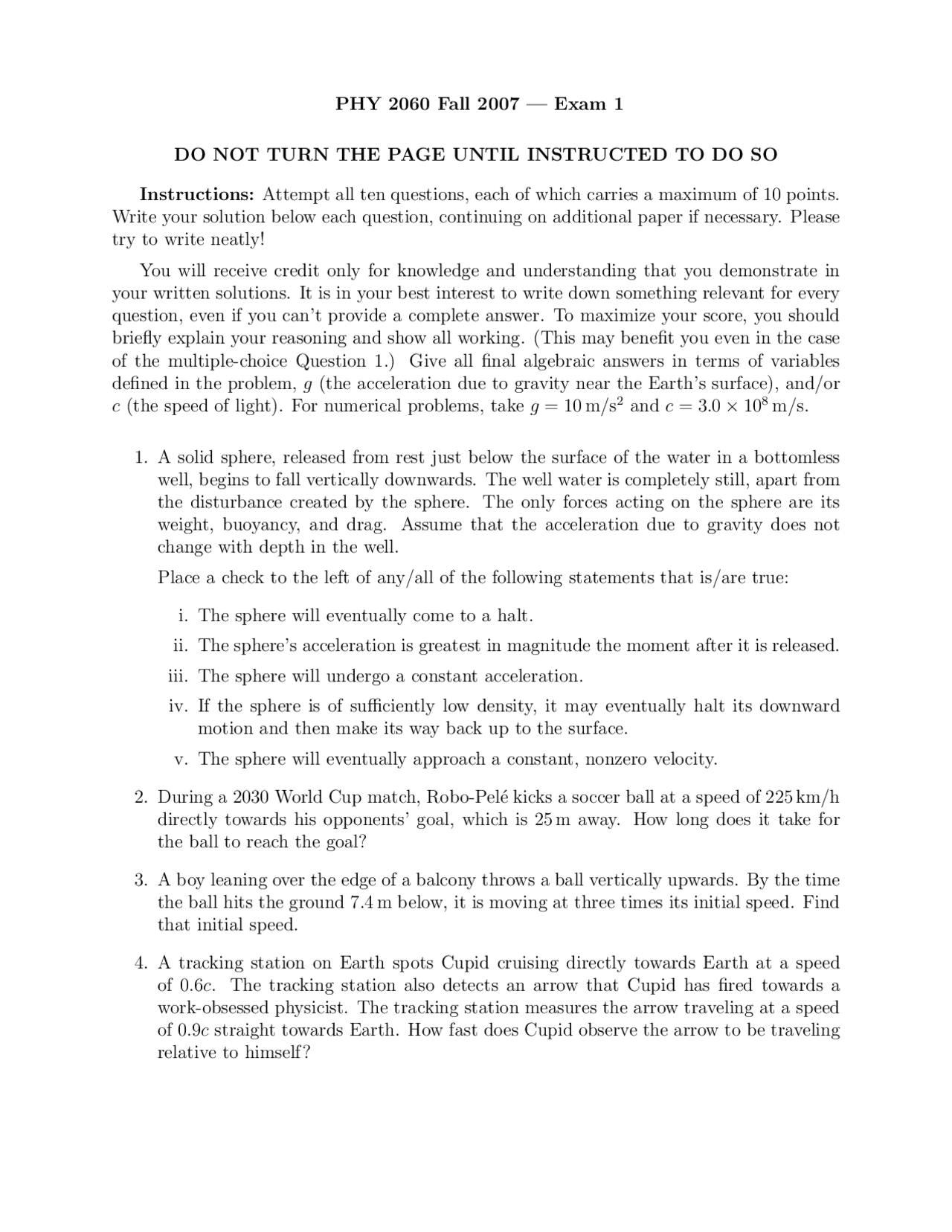 10 Questions For Exam 1 Enriched Physics I With Calculus Phy 2060