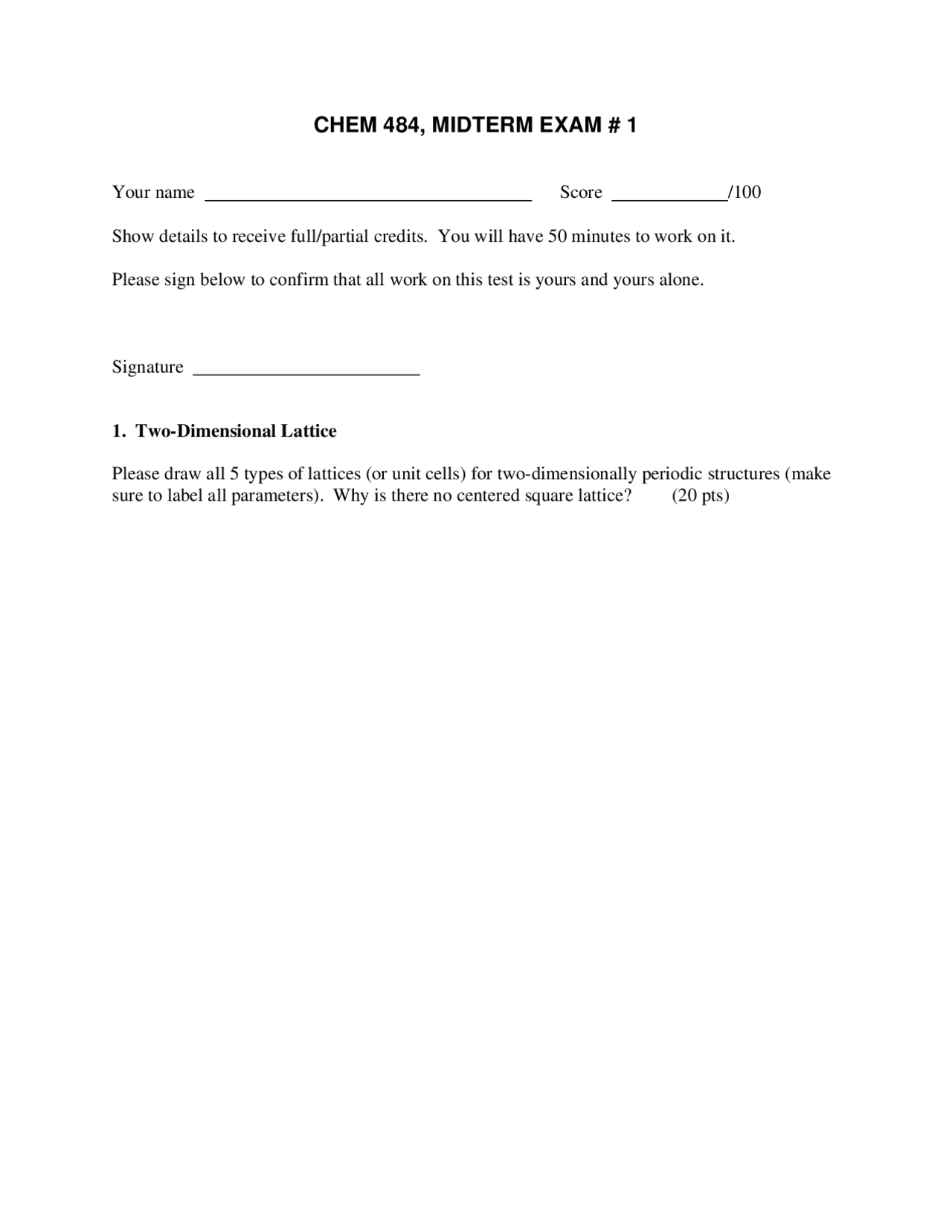 Practice Questions For Midterm Exam 1 Materials Chemistry Chem 484
